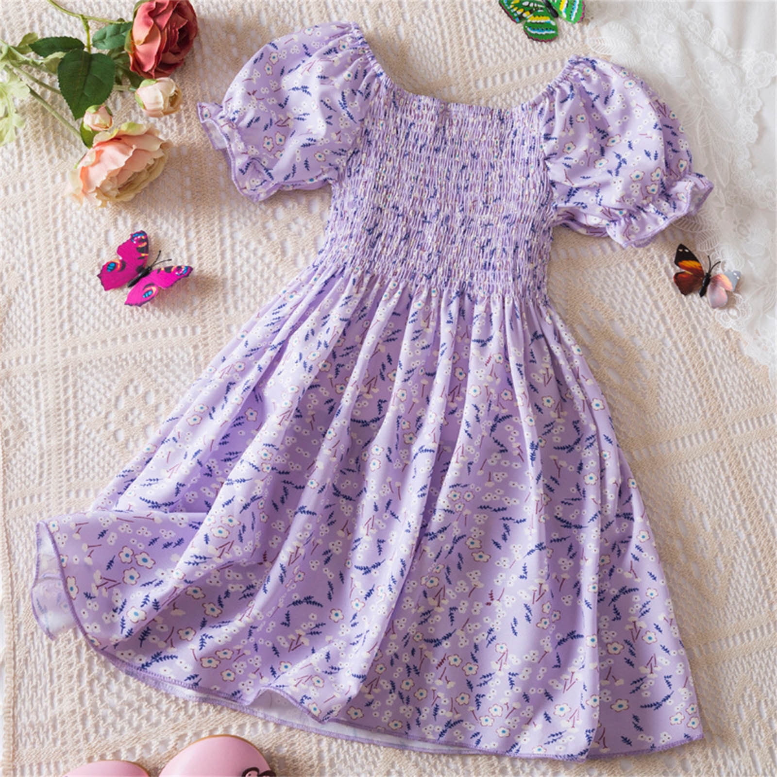Delliss Girls' Summer Floral Dress Kids 2025 Puff Sleeve Square Neck ...