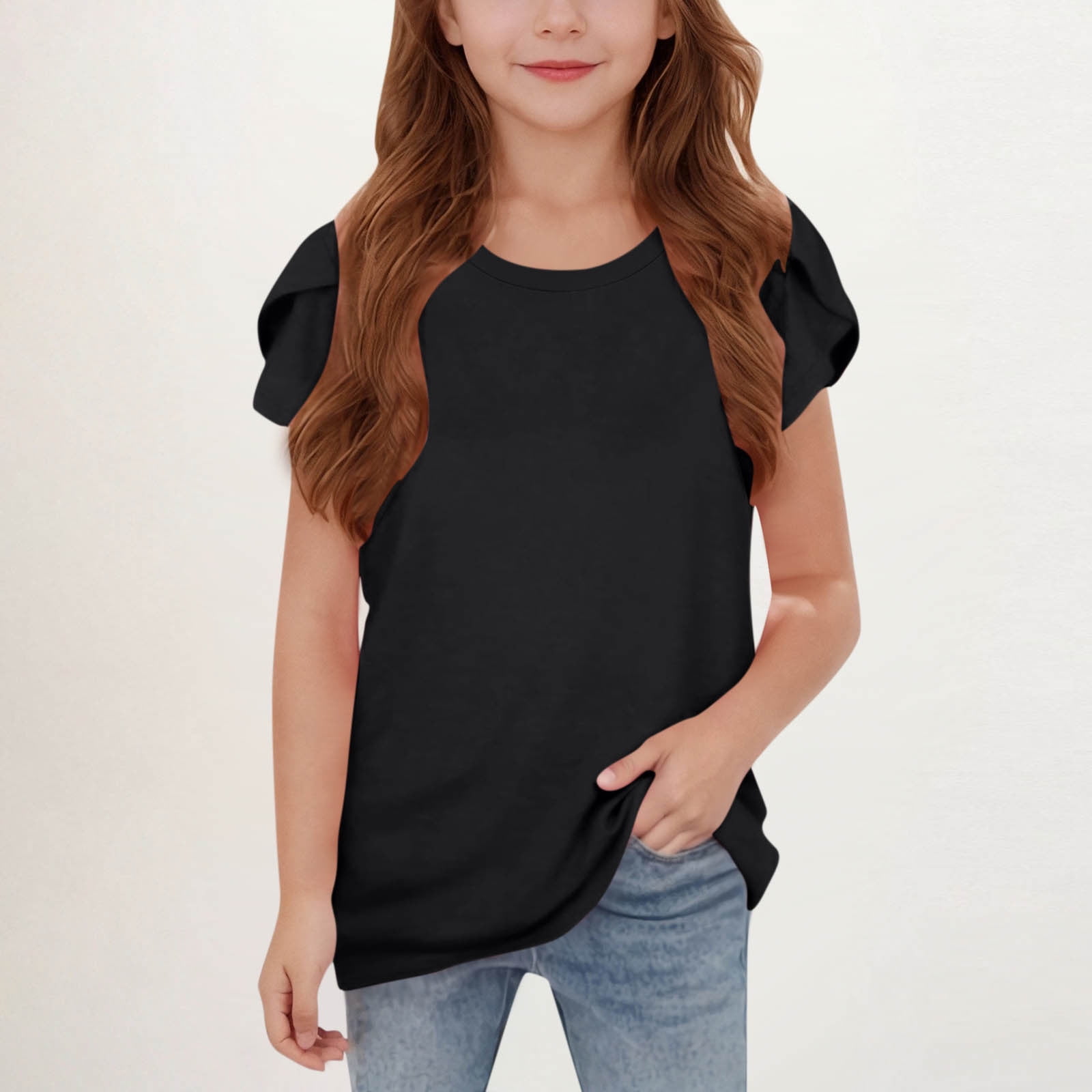 Delliss Girls' Summer T Shirts Crew Neck Petal Sleeve Cute Casual Tops ...