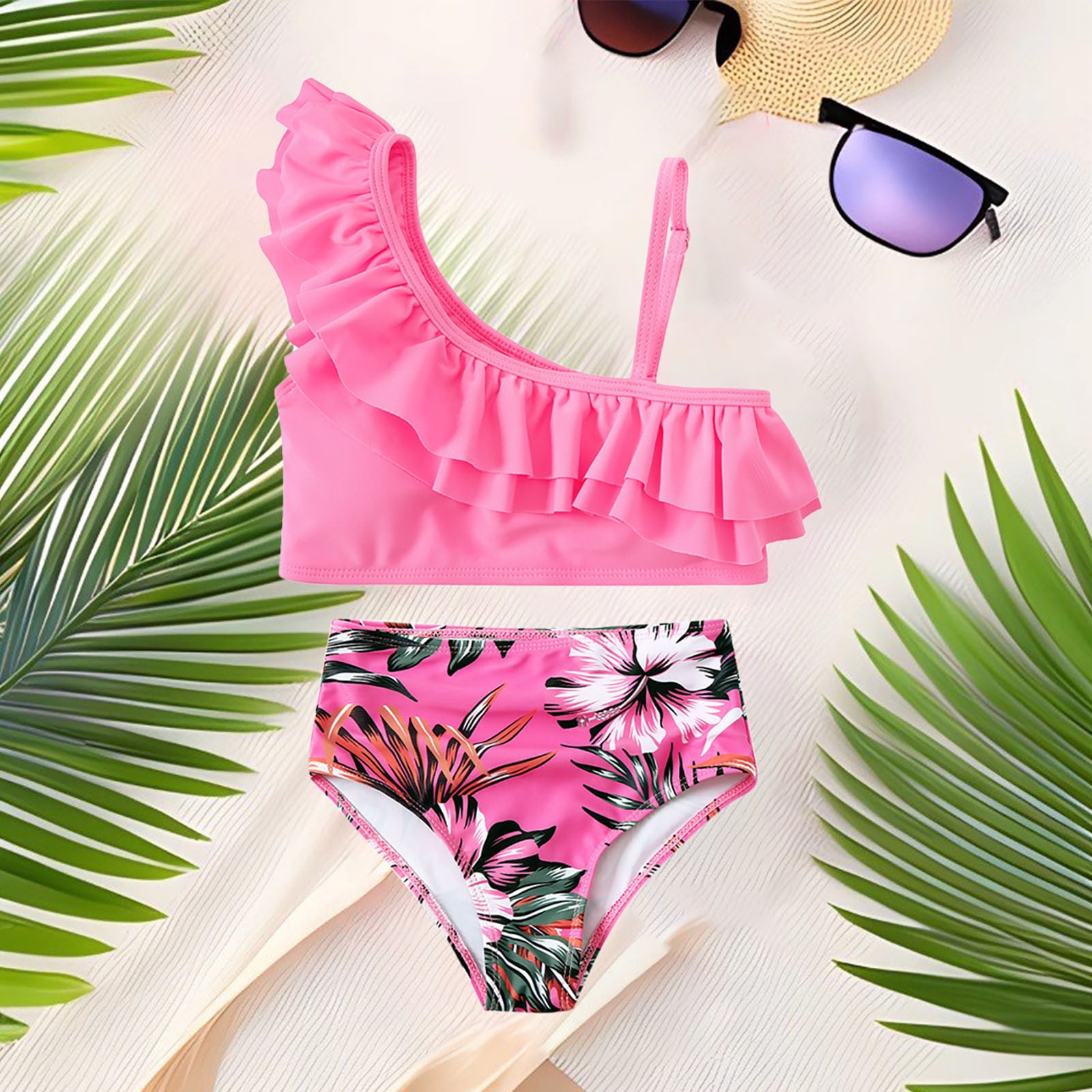 Delliss Girls Two Piece Swimsuit Ruffle One Shoulder Bikini Set Girl ...