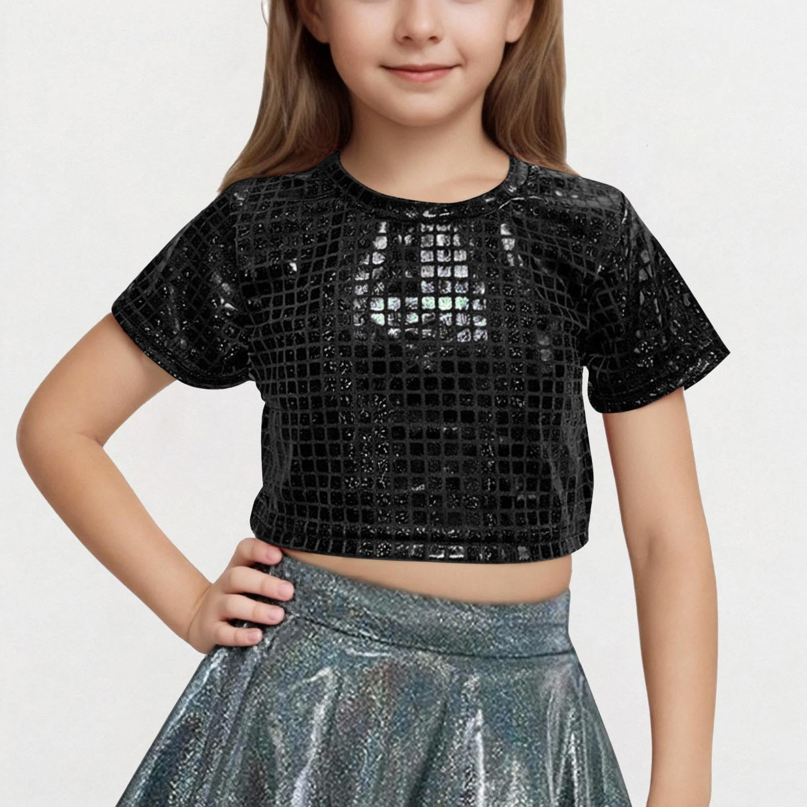 Delliss Kids Girls Boys Metallic Shiny T-Shirt Short Sleeve Performance ...