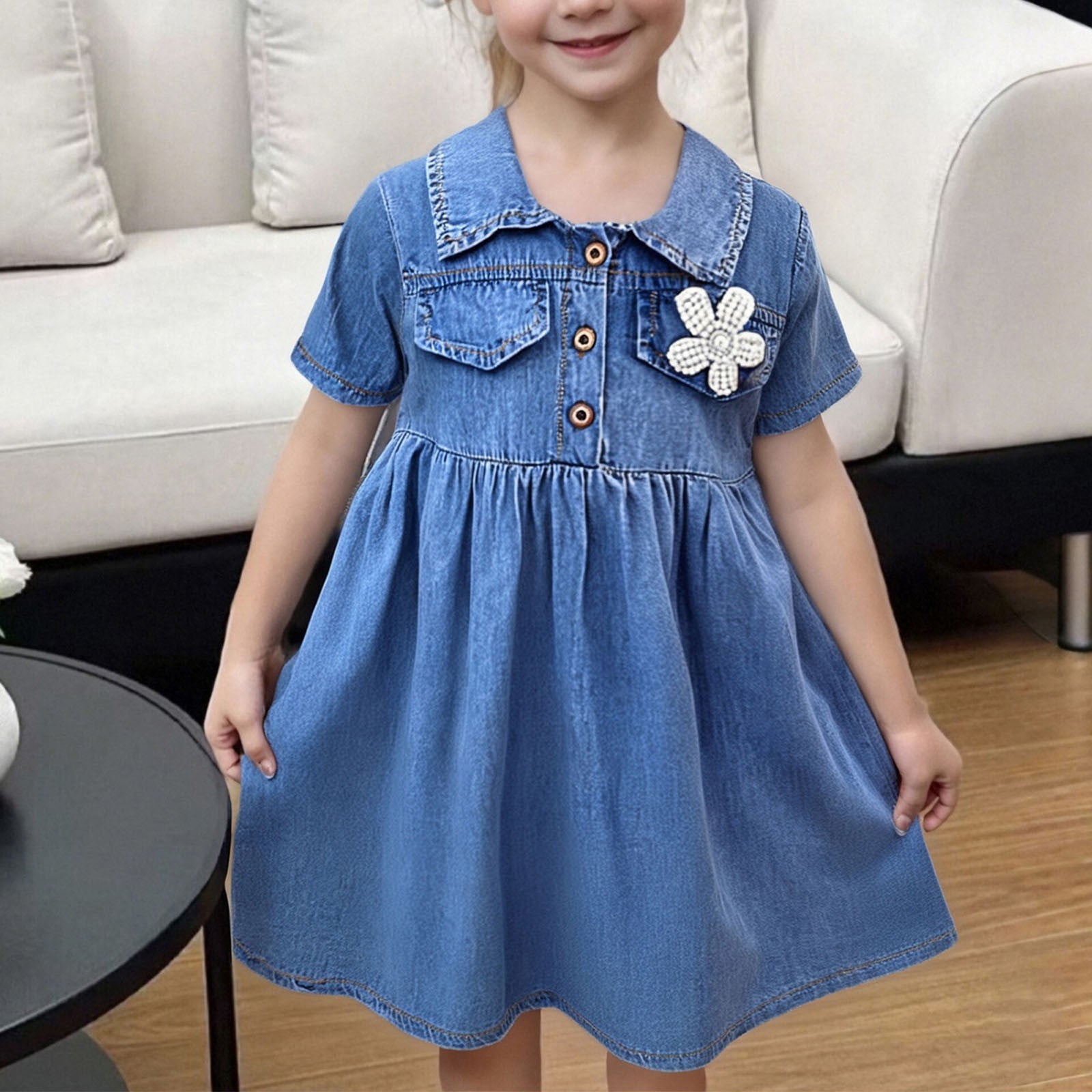 Delliss Little Girl Denim Sundress Flower Short Sleeve Casual Dress ...