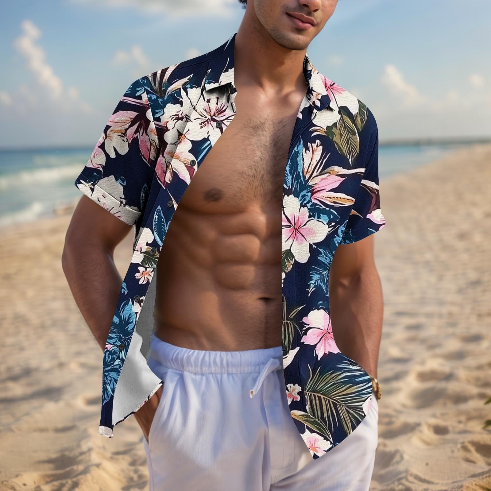 Delliss Men's Hawaiian Shirt Short Sleeve Casual Summer Beach Aloha ...