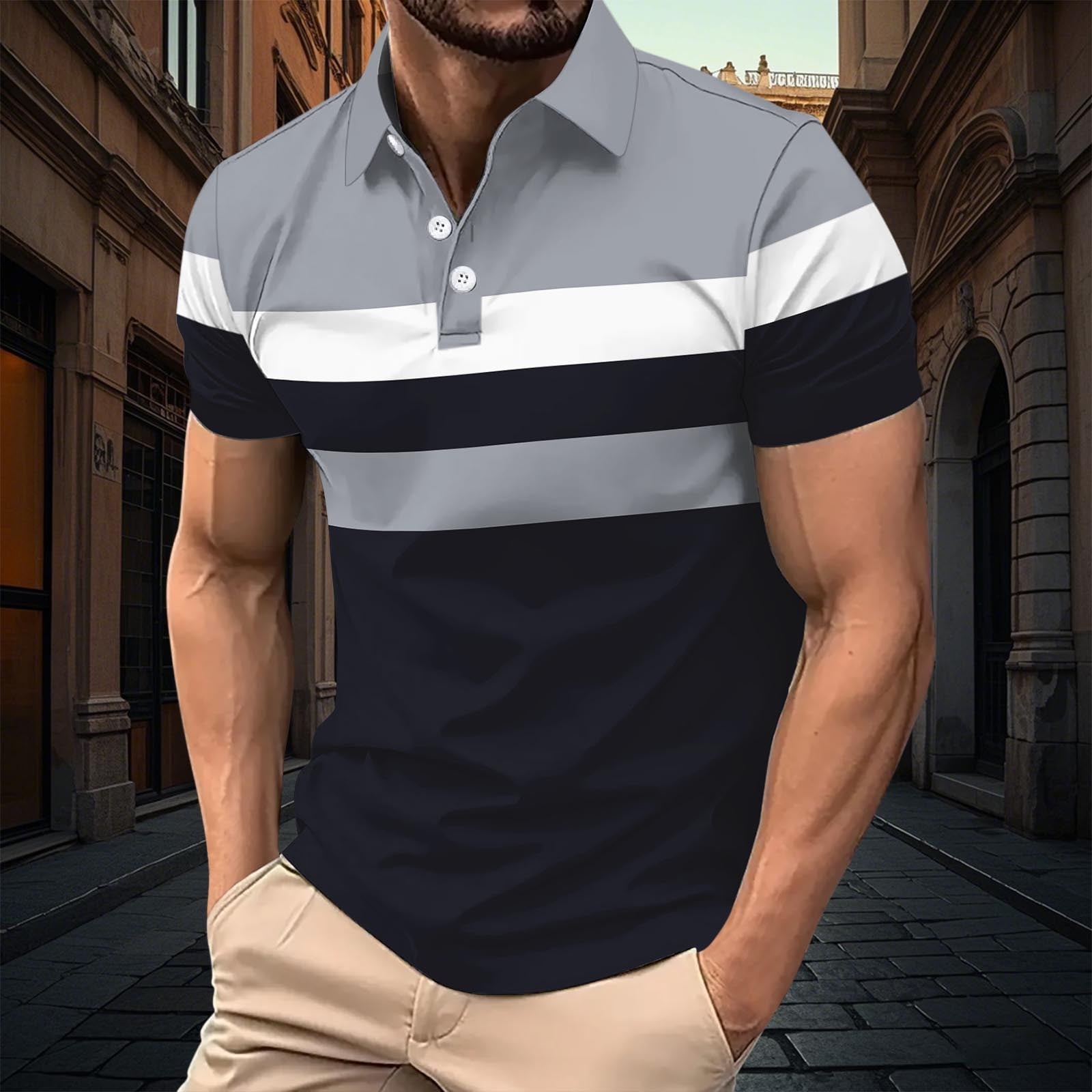 Delliss Mens Fashion Color Block Polo Shirts Casual Golf Short Sleeve T Shirt Striped Shirts ...