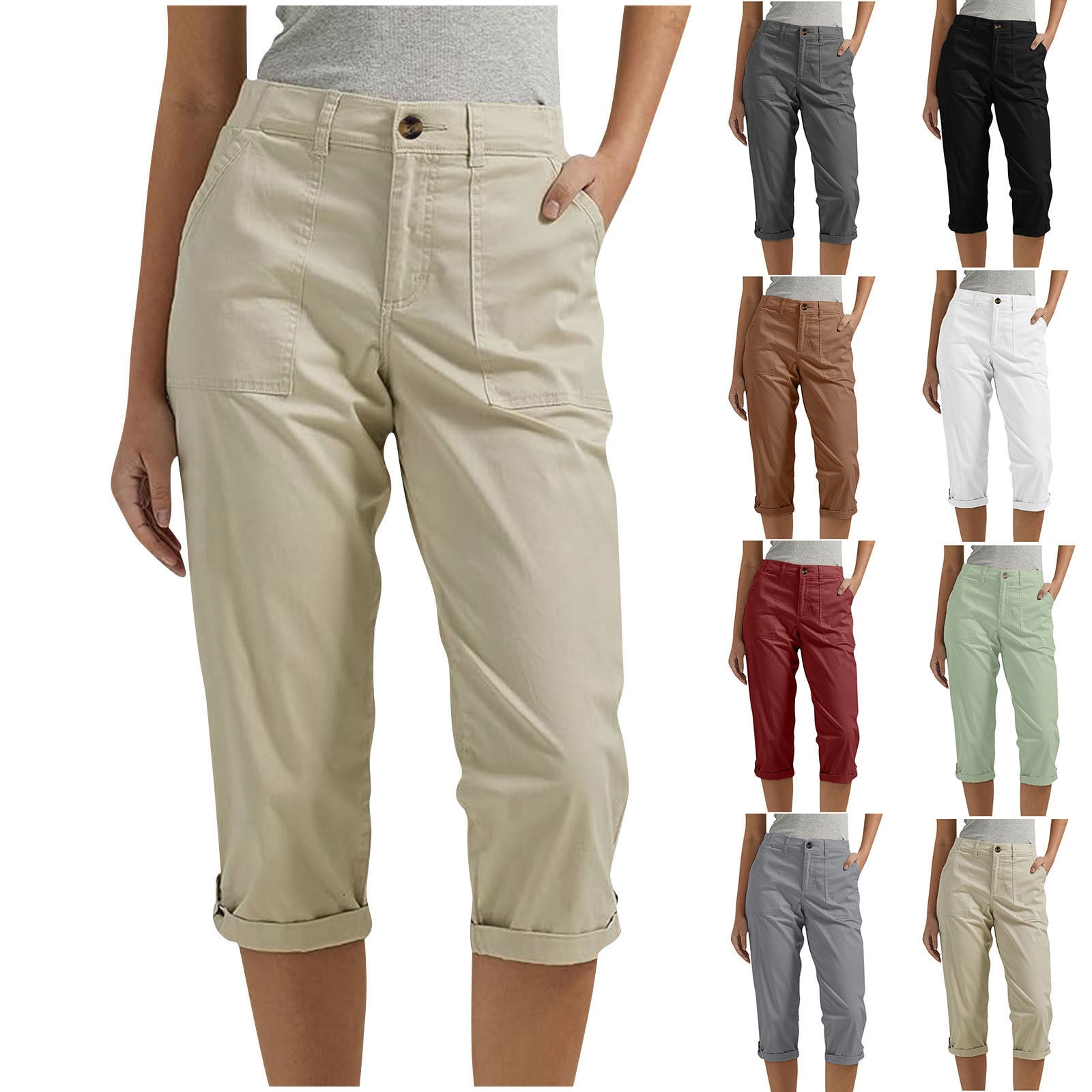 Delliss Pull On Capri Cargo Pants for Women with Pockets Stretch Cropped Work Fold Hem Loose ...
