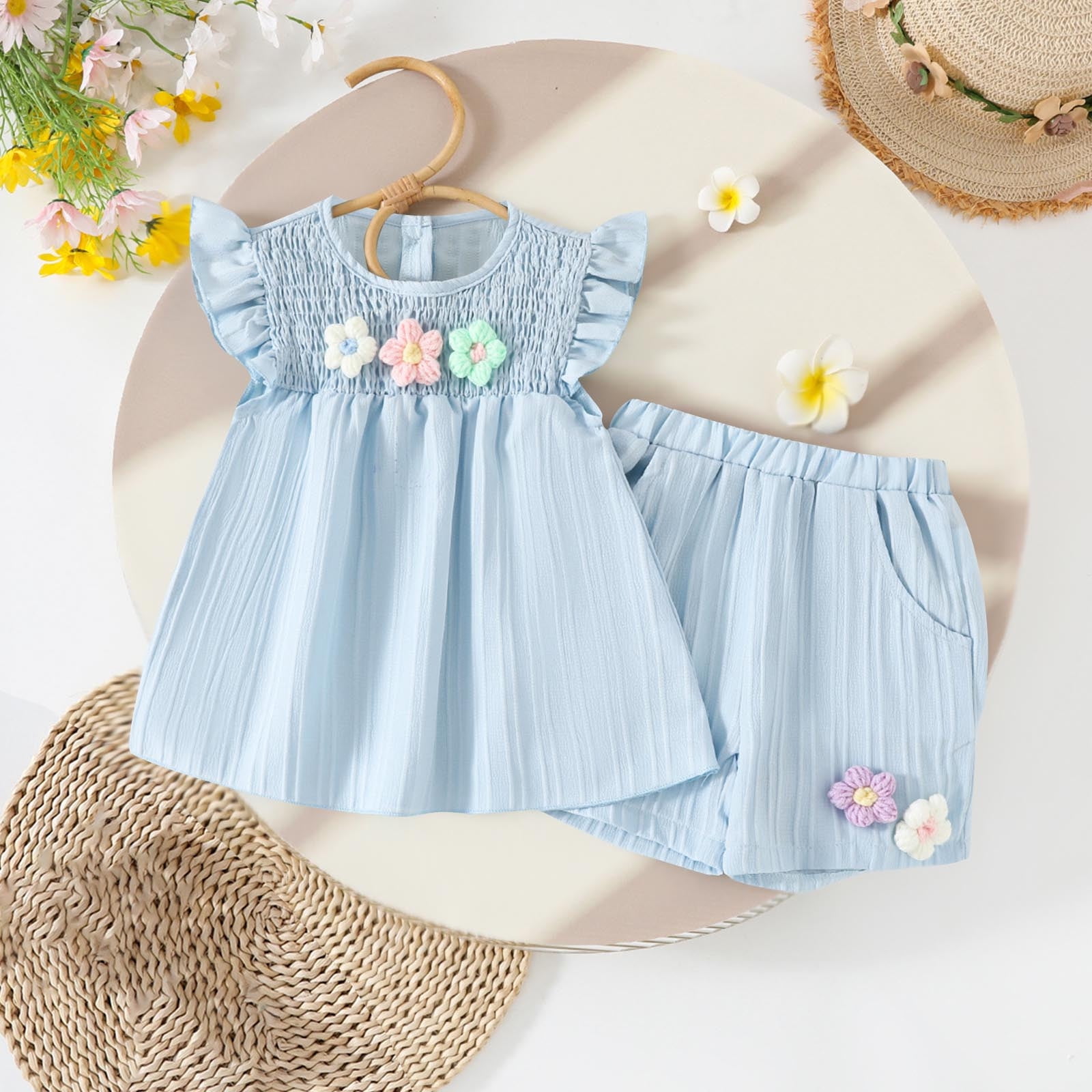 Delliss Toddler Baby Girl Clothes Knit Floral Fly Sleeve Tops Shorts ...