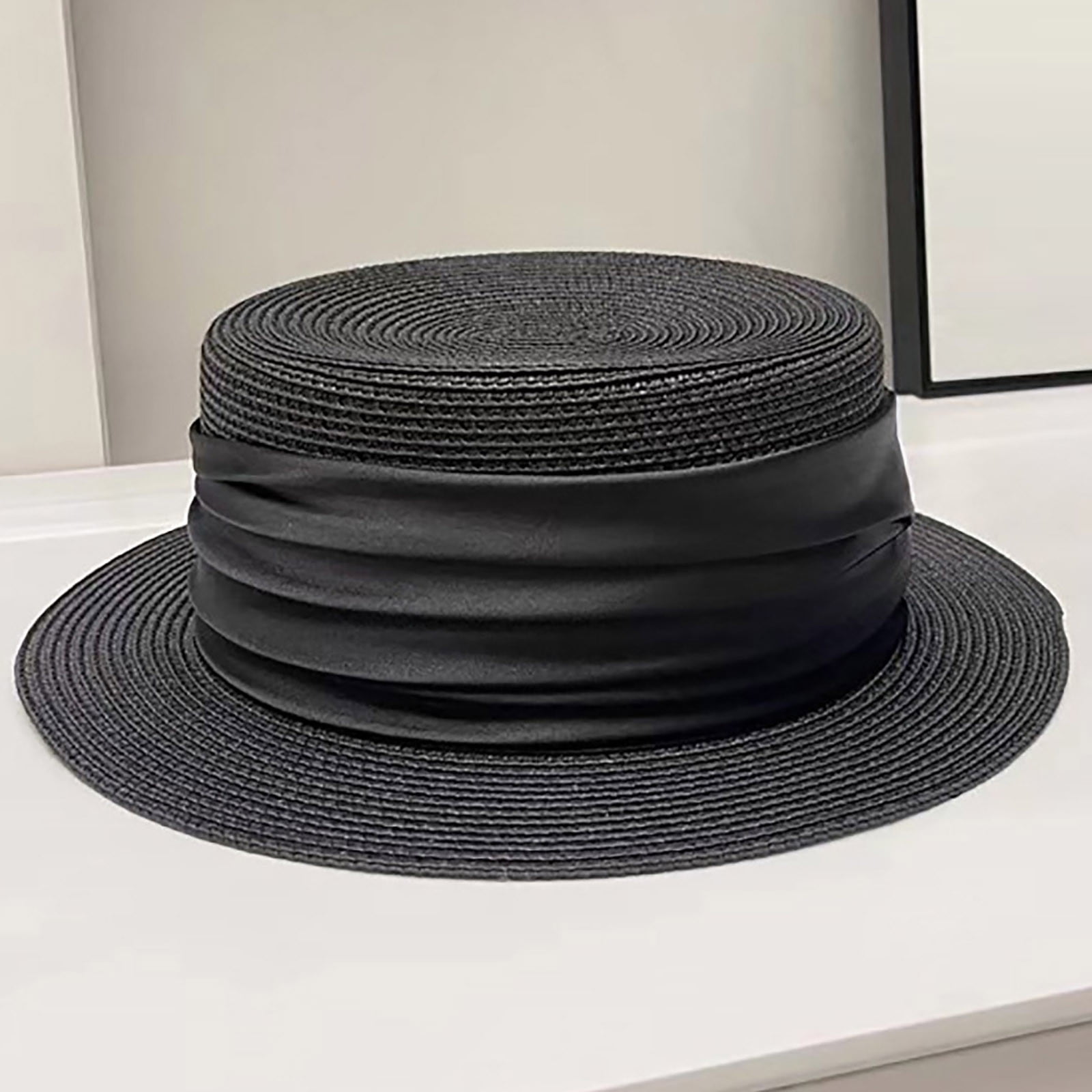 Delliss Women Beach Straw Flat Top Sun Hat Trendy Classic Ribbon Boater ...