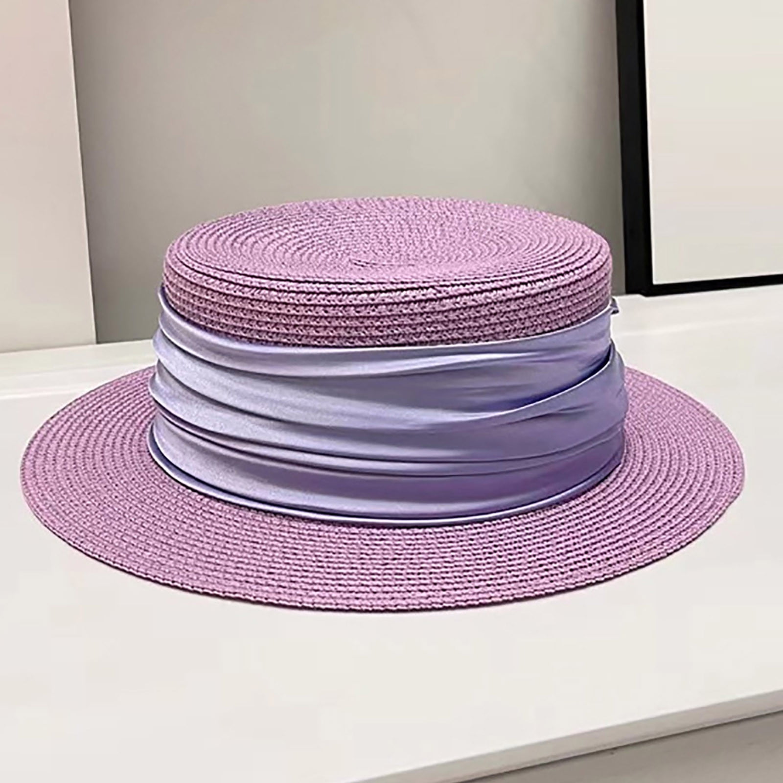 Delliss Women Beach Straw Flat Top Sun Hat Trendy Classic Ribbon Boater ...