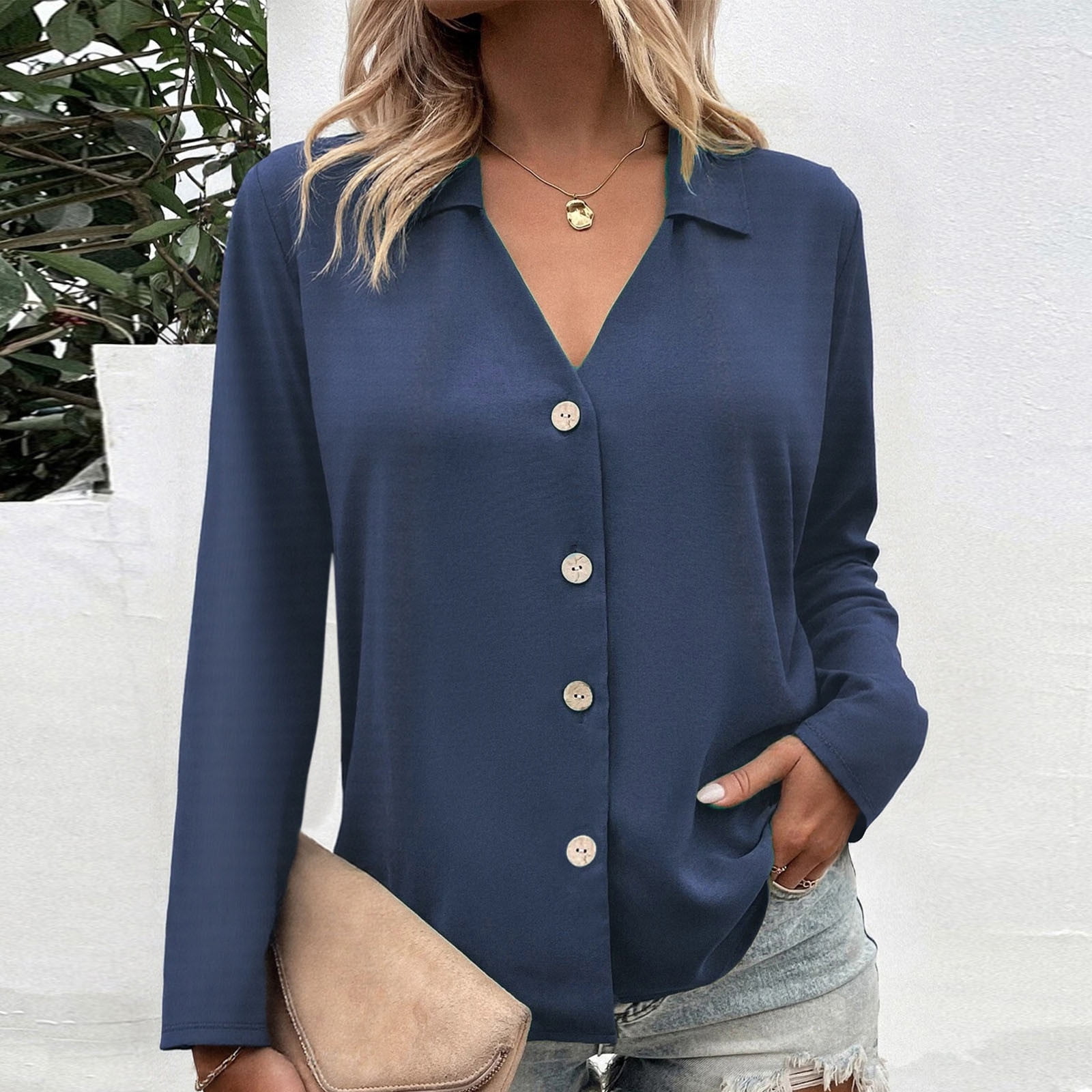 Delliss Women's Button Lapel Baggy Top Solid Color Long Sleeve Blouse S ...