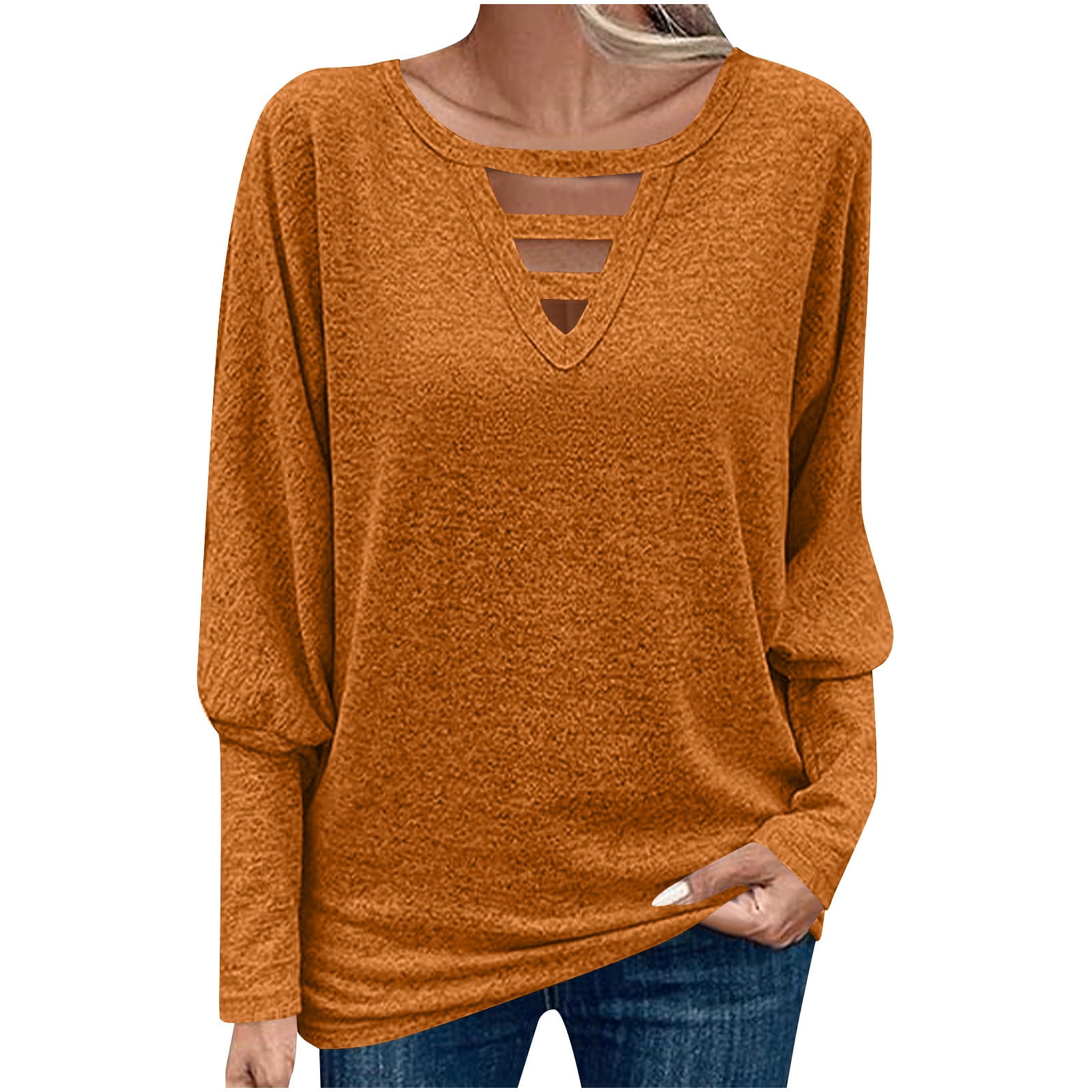 Delliss Women's Casual Lantern Sleeve V Neck Pullover Solid Color Top ...
