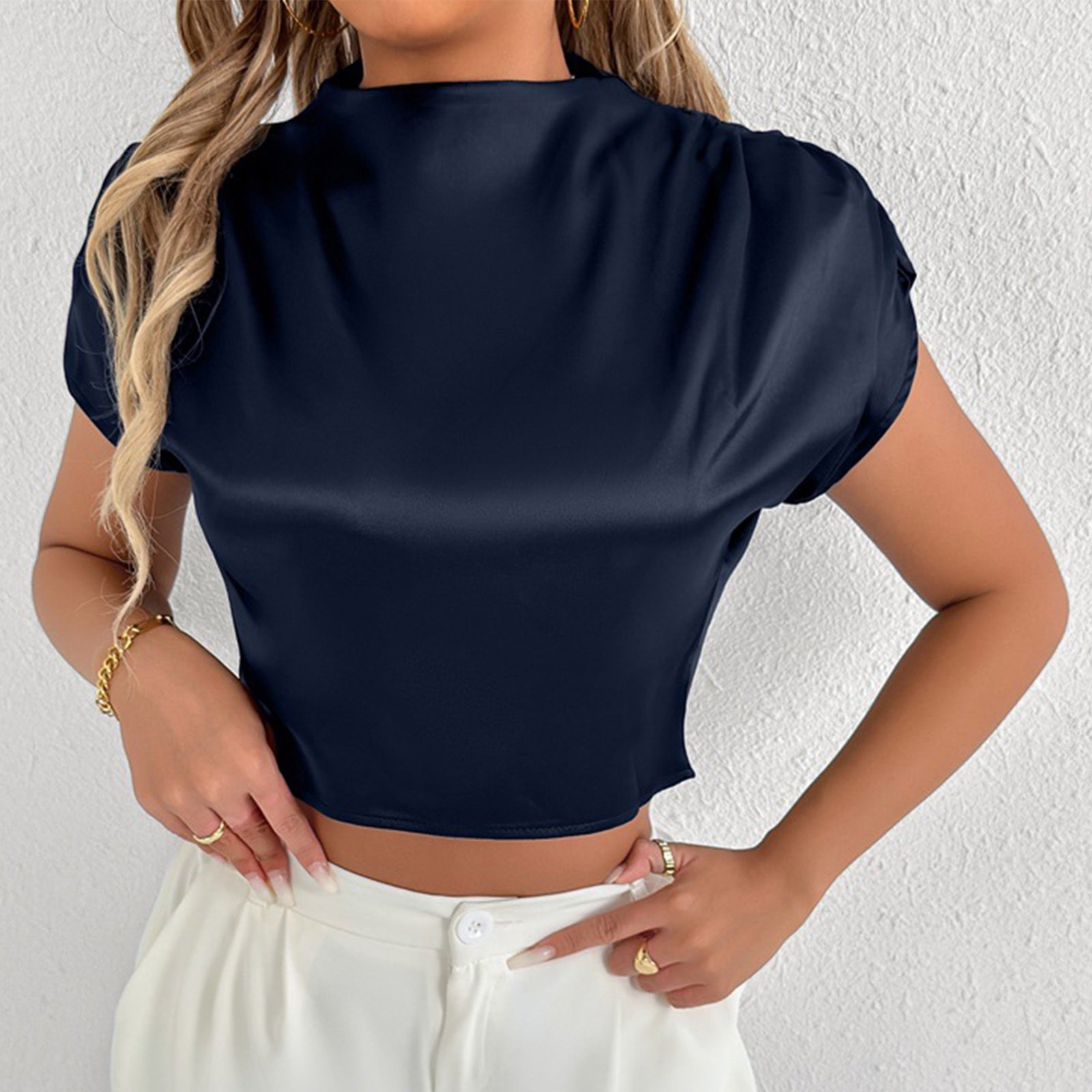 Delliss Women's Crop Crew Neck Short Sleeve T-Shirt Slim Fit Comfy Top ...
