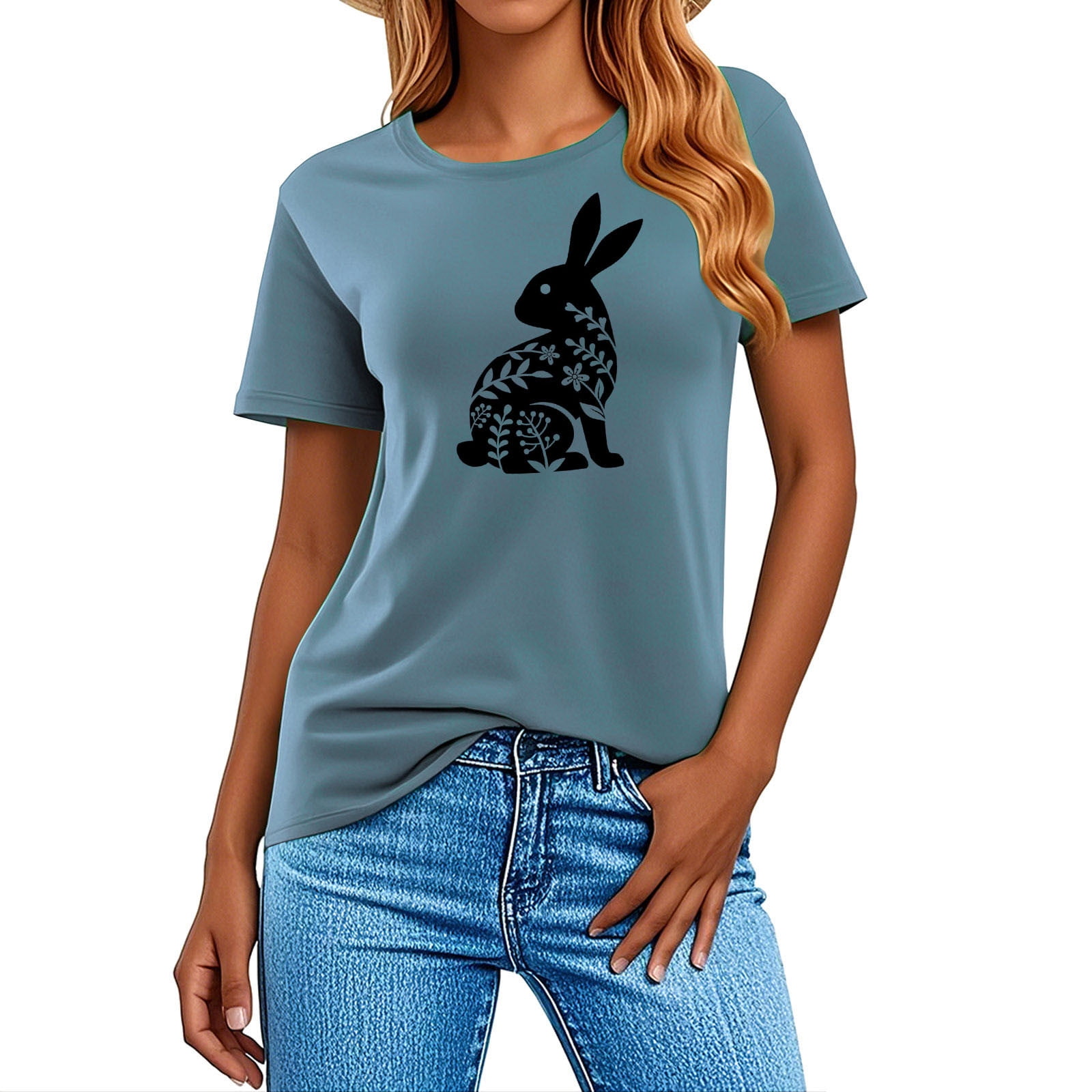 Delliss Women's Fashion Rabbit Print Tee Round Neck Short Sleeve Casual ...