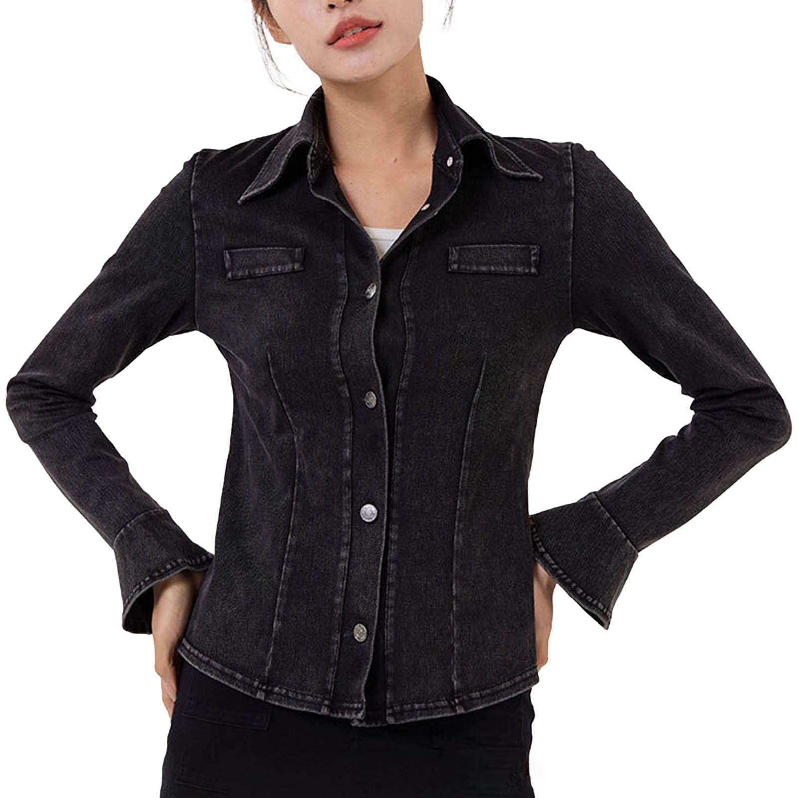 Delliss Women's Flare Sleeve Denim Jacket Lapel Comfy Button Fall ...