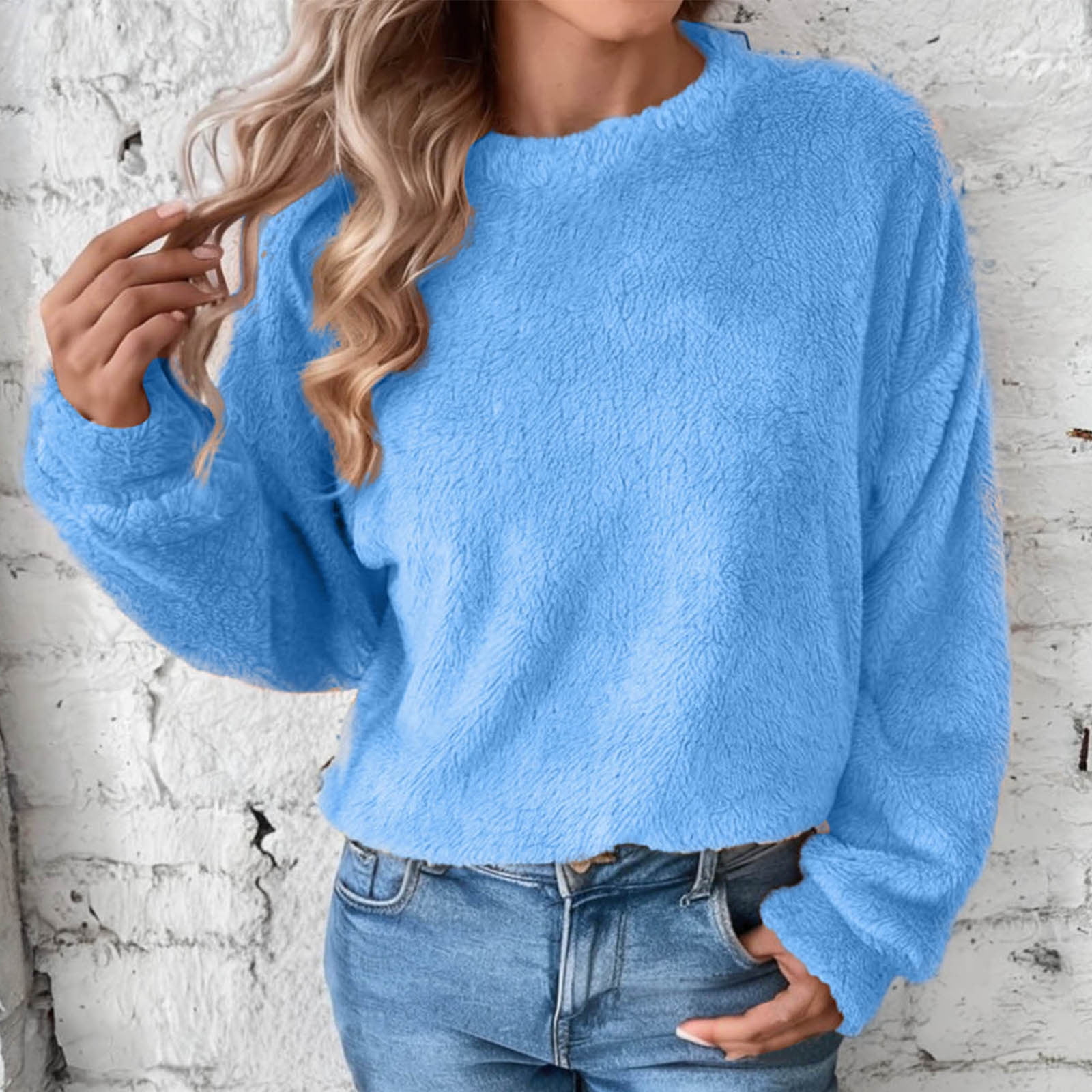 Delliss Women's Fleece Winter Warm Long Sleeve Loose Casual Top Sky ...