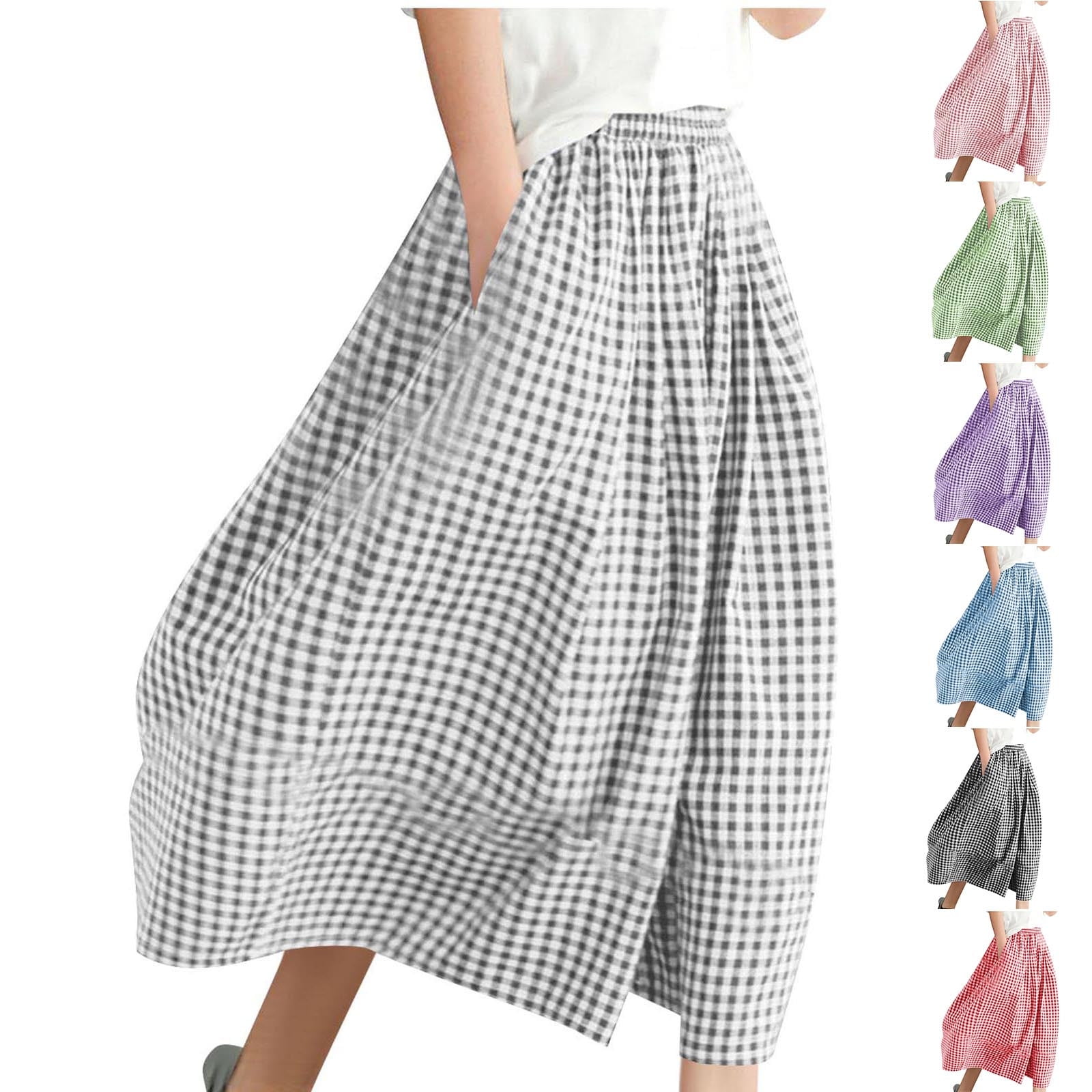 Delliss Women's Grid Print Flowy Culottes Baggy Elastic Waist Pant ...