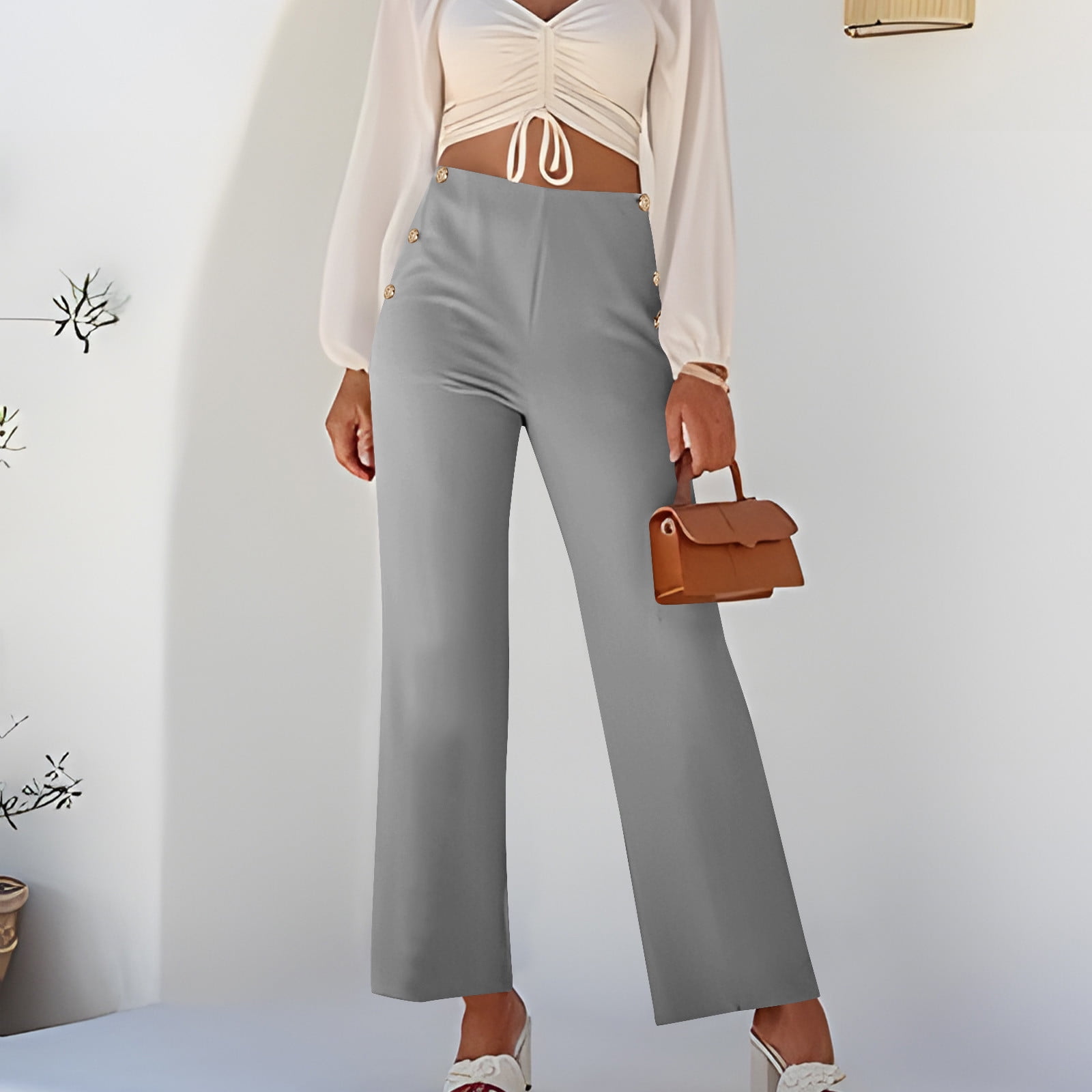 Delliss Women's High Waisted Straight Leg Ruffle Pants Stretchy ...