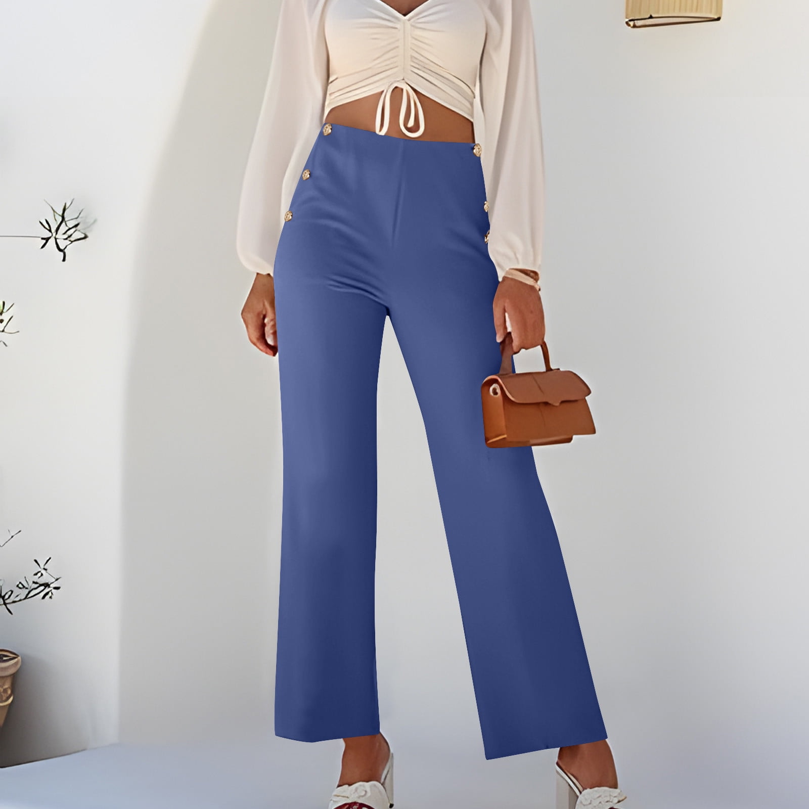 Delliss Women's High Waisted Straight Leg Ruffle Pants Stretchy ...
