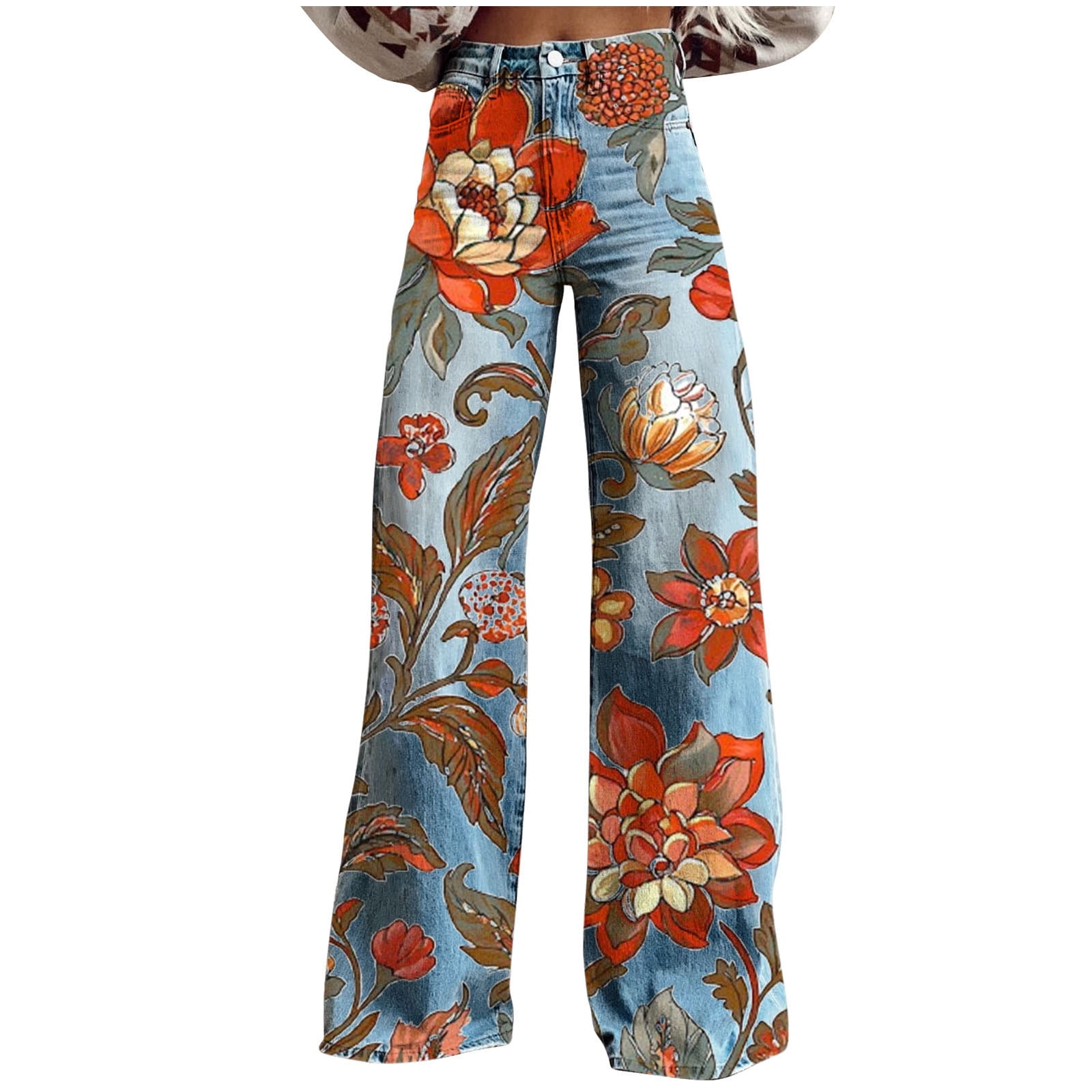 Delliss Women's Imitation Denim Print Wide leg Pant Casual Long Pants ...