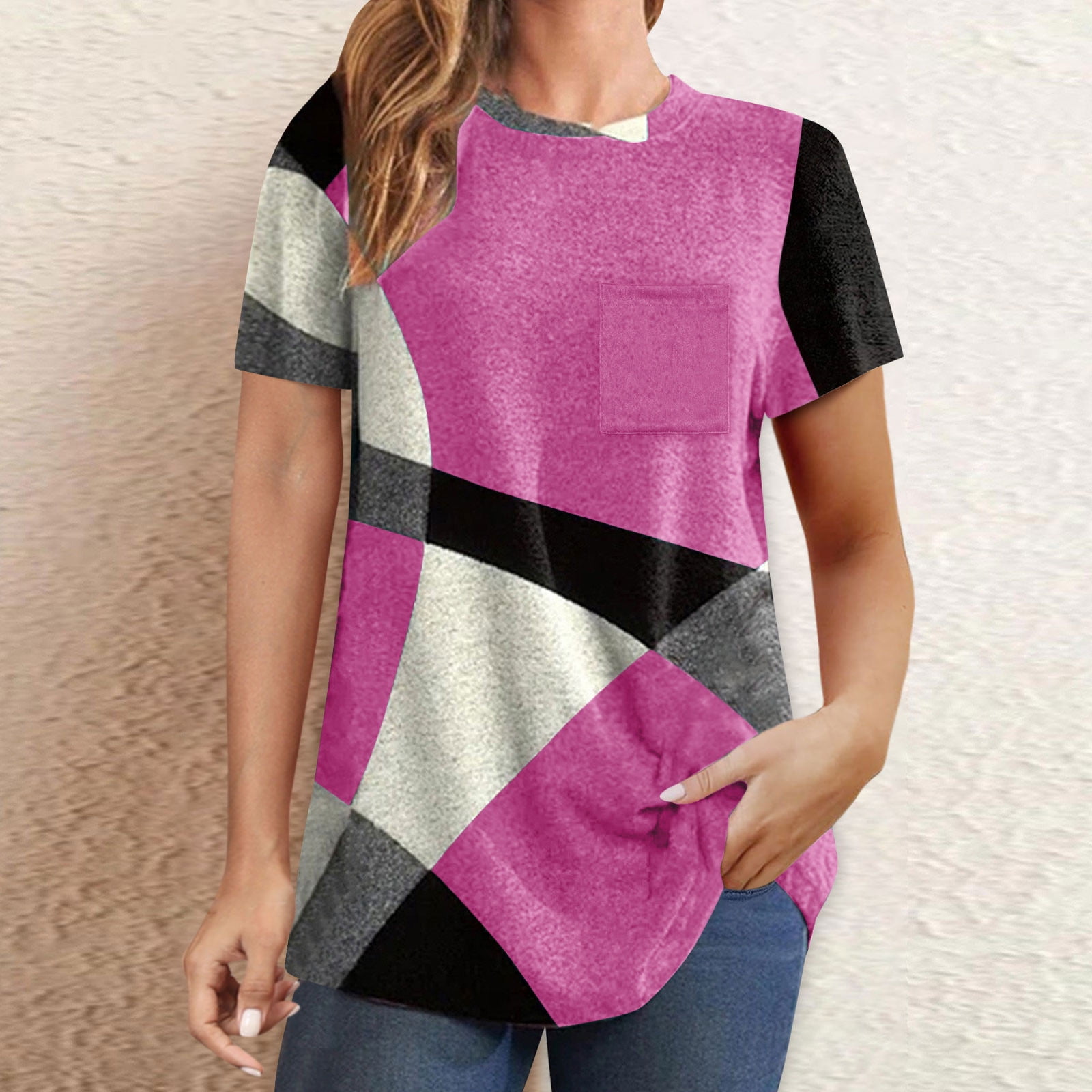 Delliss Women's Loose Geometric Print Round Neck Short Sleeve Casual ...