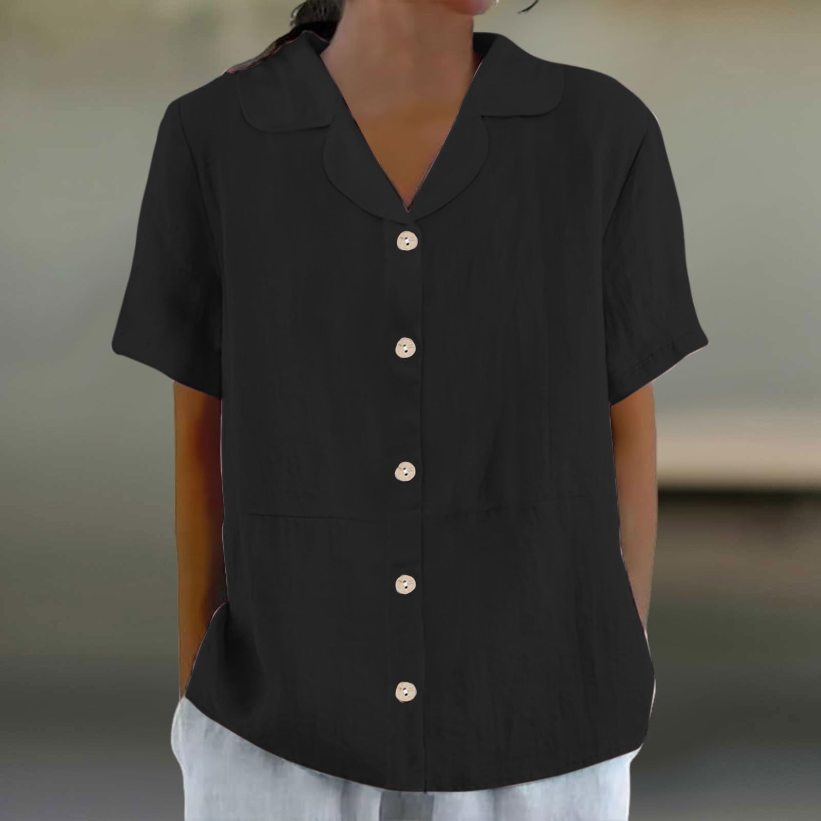 Delliss Women's New Short Sleeve Lapel T-Shirt Solid Color Button ...