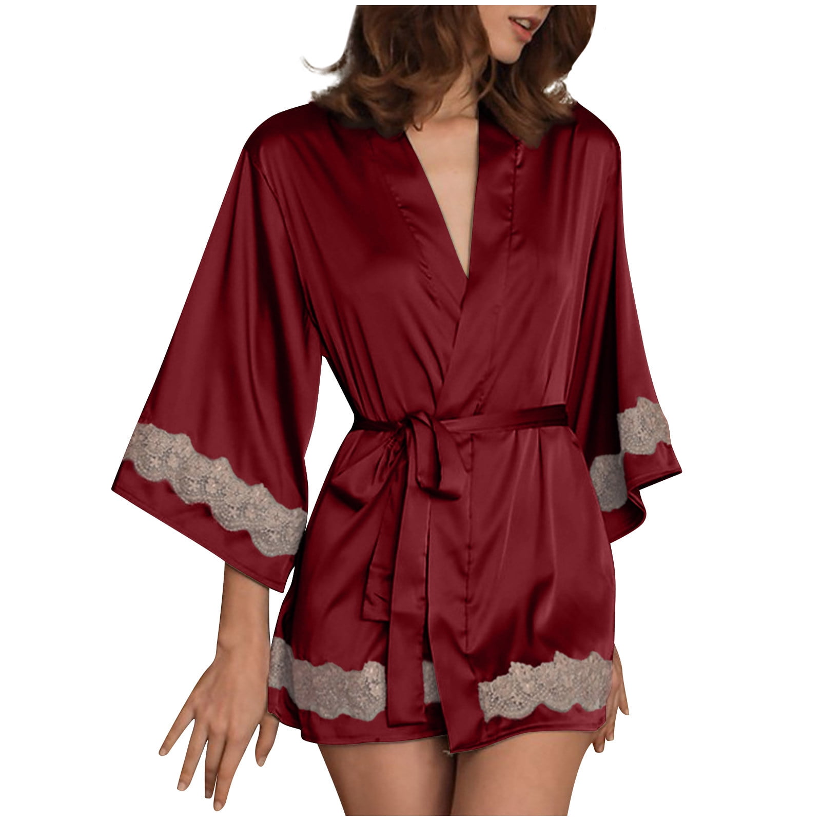 Delliss Women's Satin Robes Trendy Lace Decoration Nightgown Casual ...