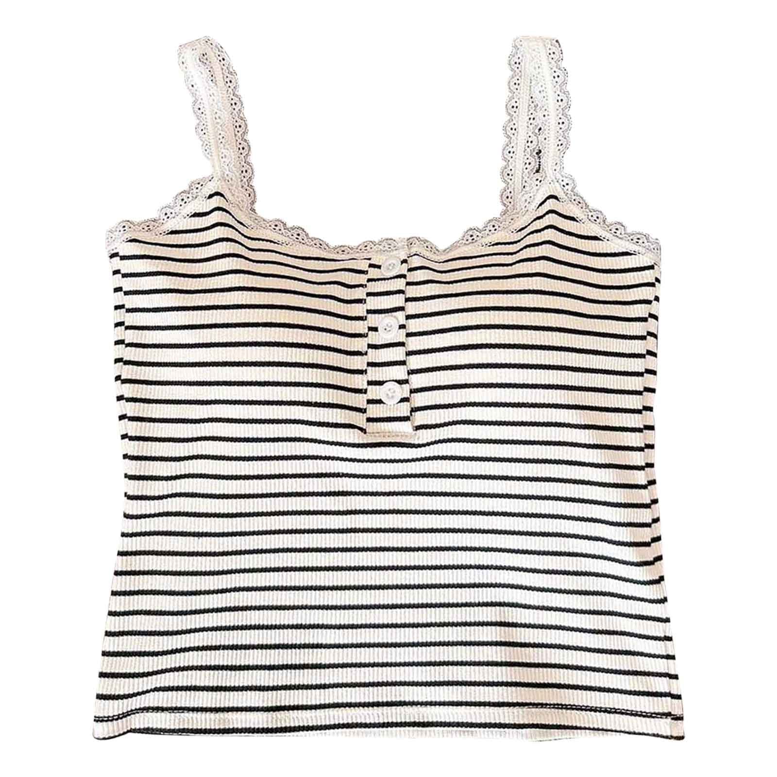 Delliss Women's Shelf Bra Stripe Tank Tops Spaghetti Strap Tank Button ...