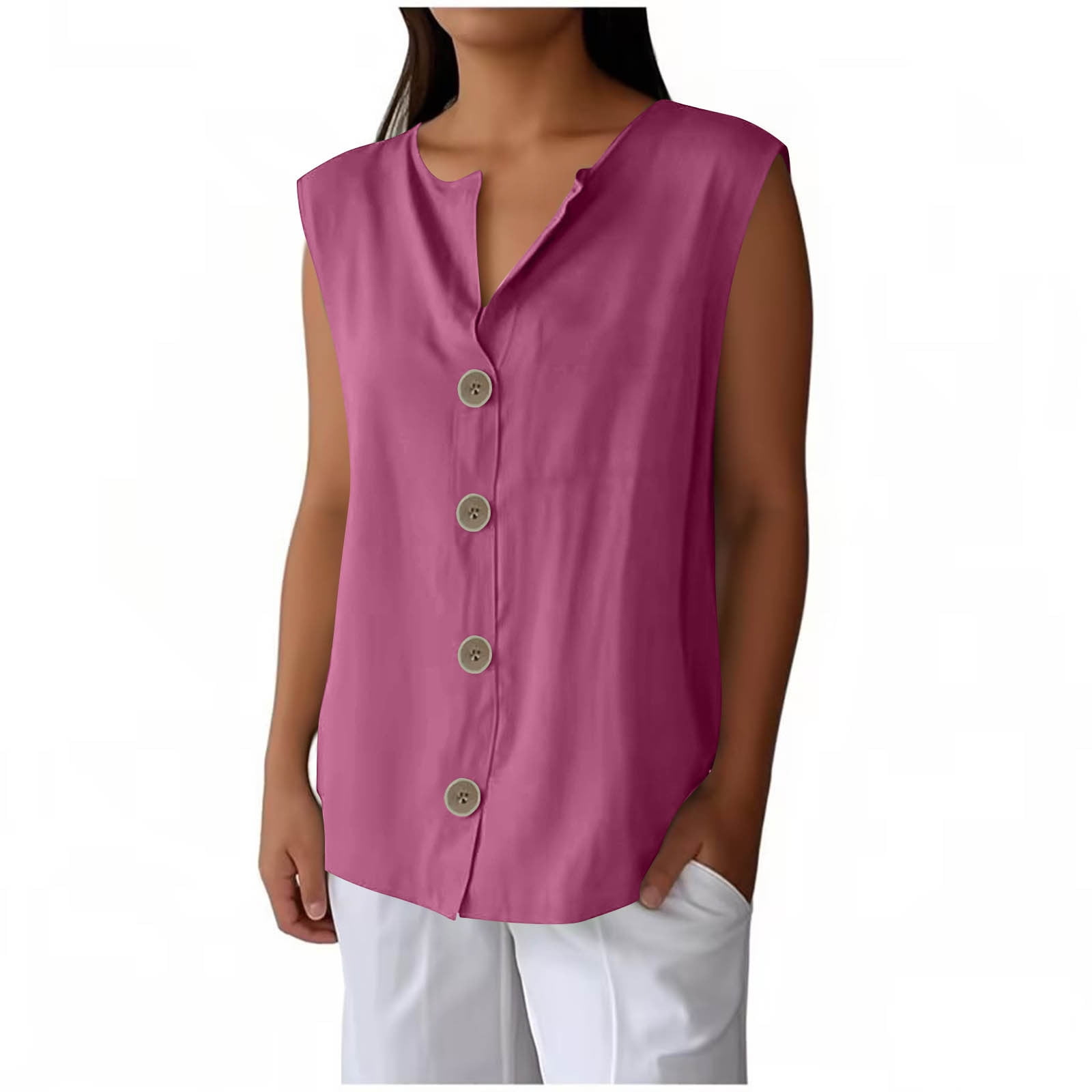 Delliss Women's Sleeveless Button Down Tank Tops Casual V Neck T-Shirt ...