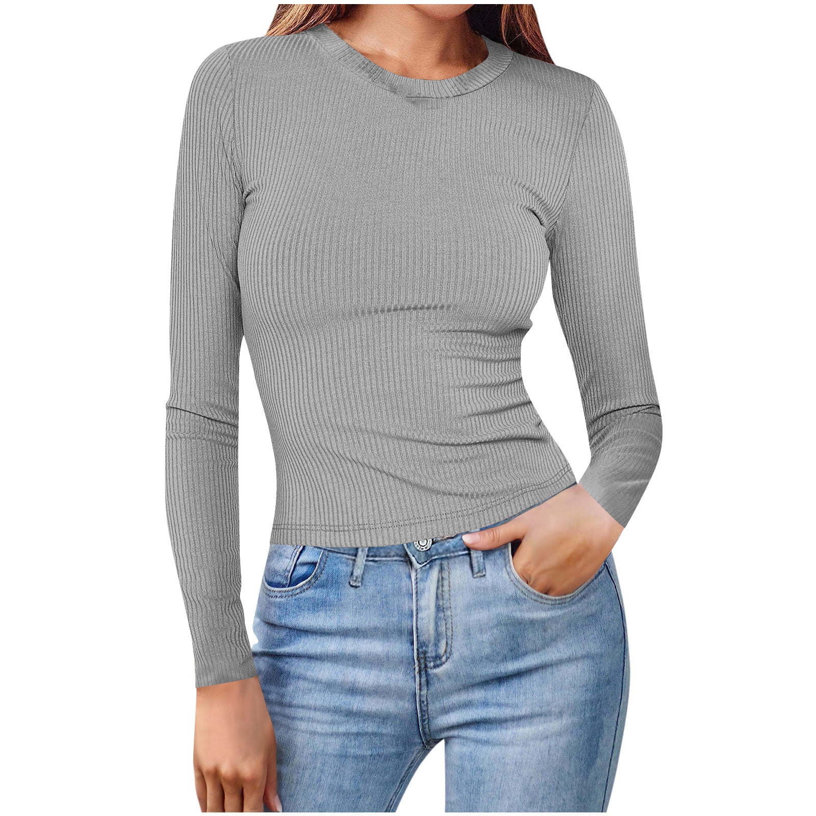 Delliss Women's Slim Fit Ribbed Solid Color Long Sleeve Blouse Fashion ...
