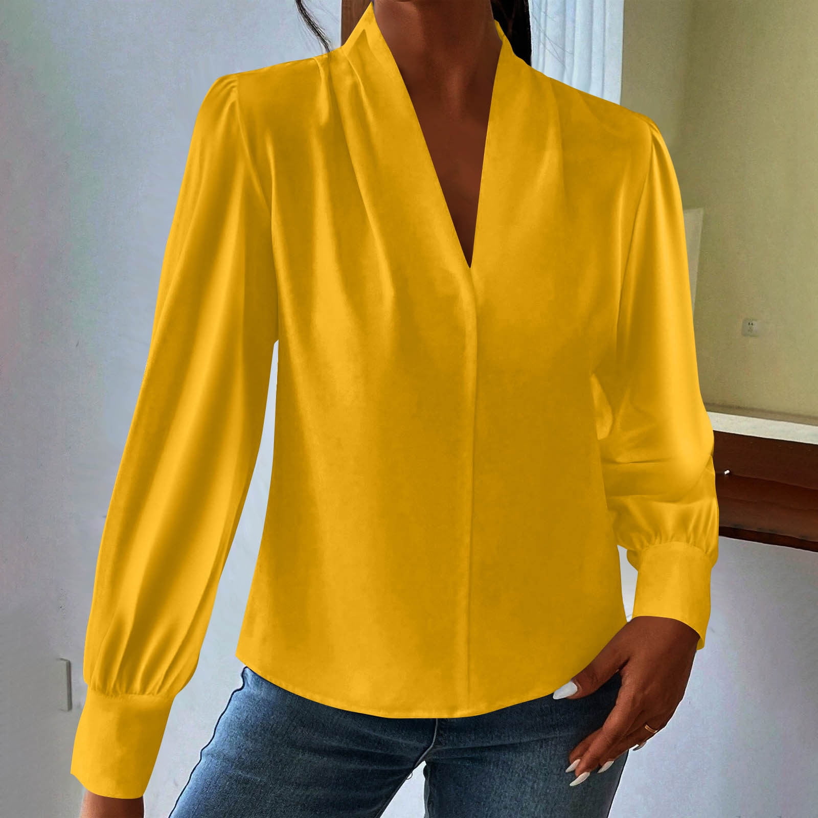 Delliss Women's Soft Satin Silk Shirt Pleated Long Sleeve Work Top ...