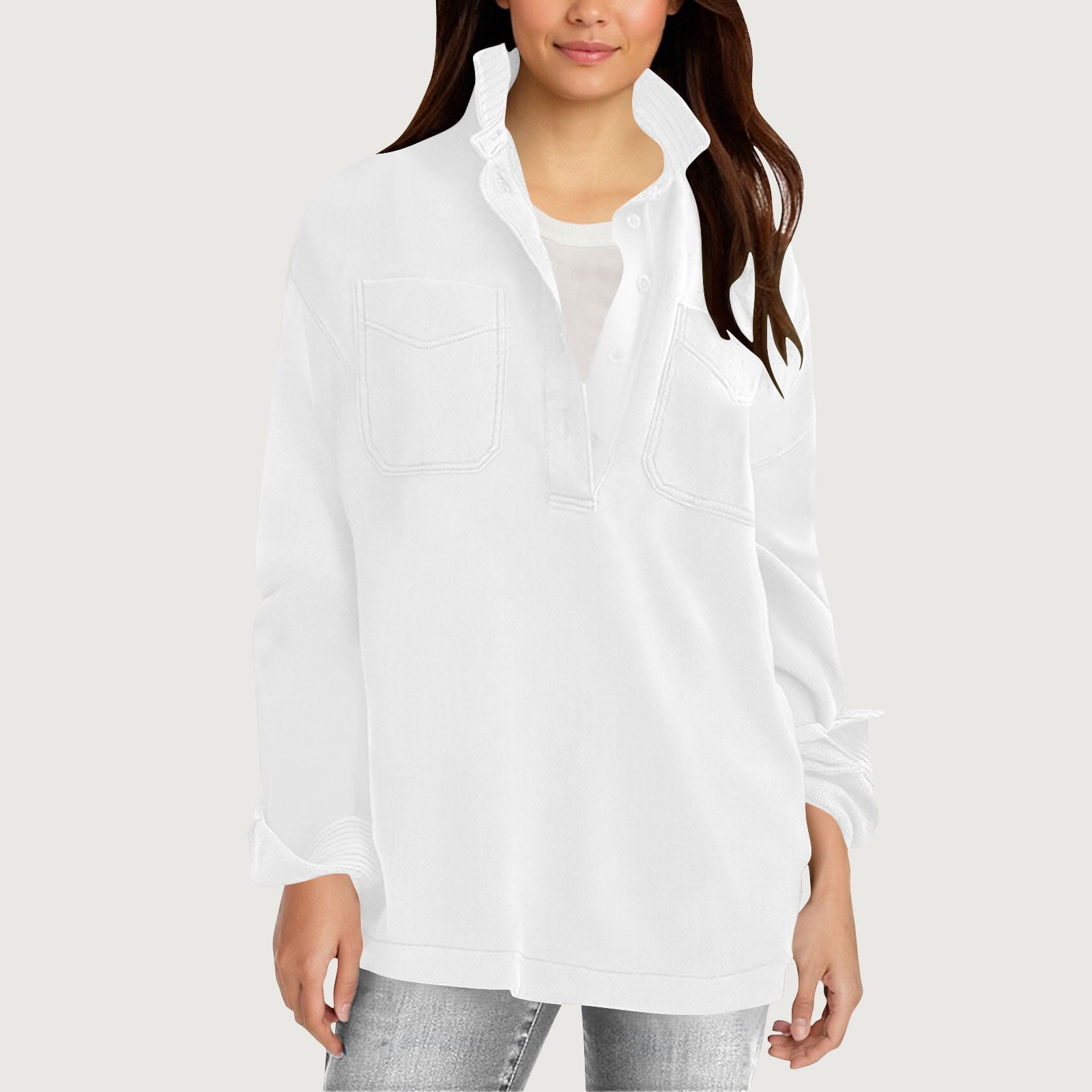 Delliss Women's Stand Up Collar Solid Color Button Fashion Casual Top ...