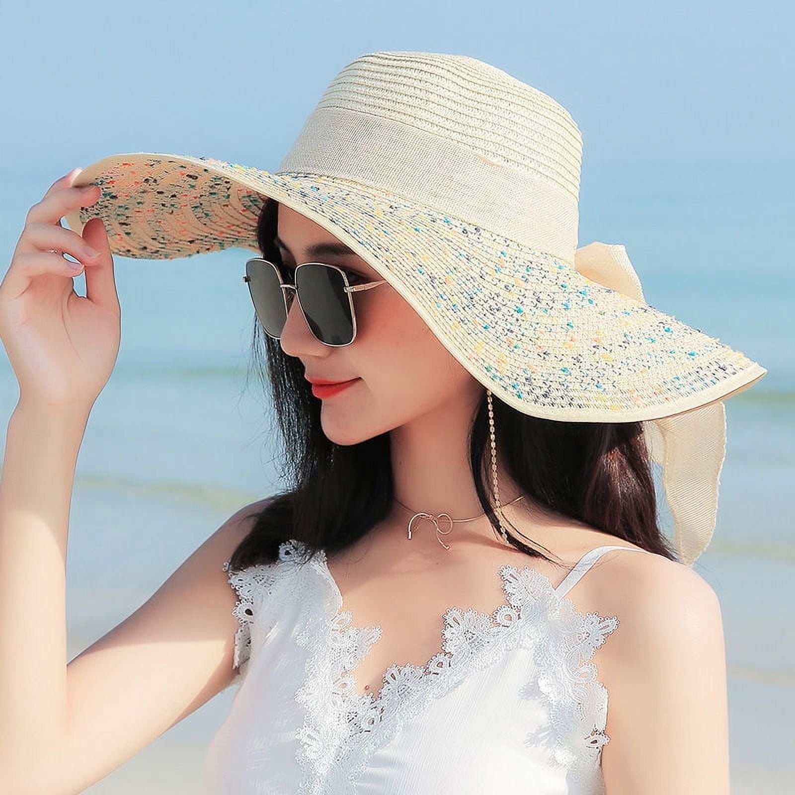 Delliss Women's Summer Beach Wide Brim Straw Hat Chic Boho Sun ...