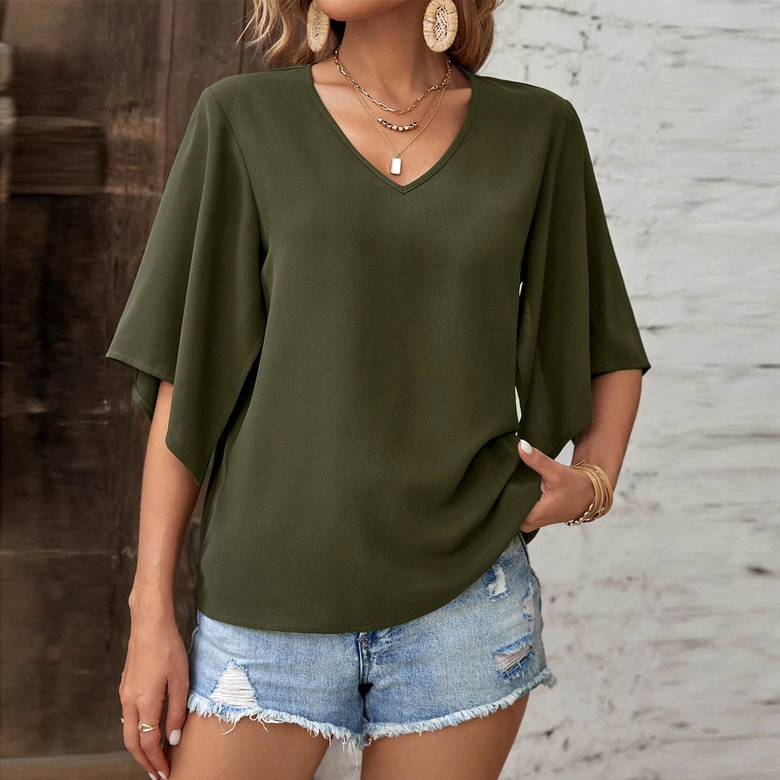 Delliss Women's V Neck T-Shirts Casual Summer Loose Fit Bat Sleeve Tops ... Delliss Women's V Neck T-Shirts Casual Summer Loose Fit Bat Sleeve Tops ...