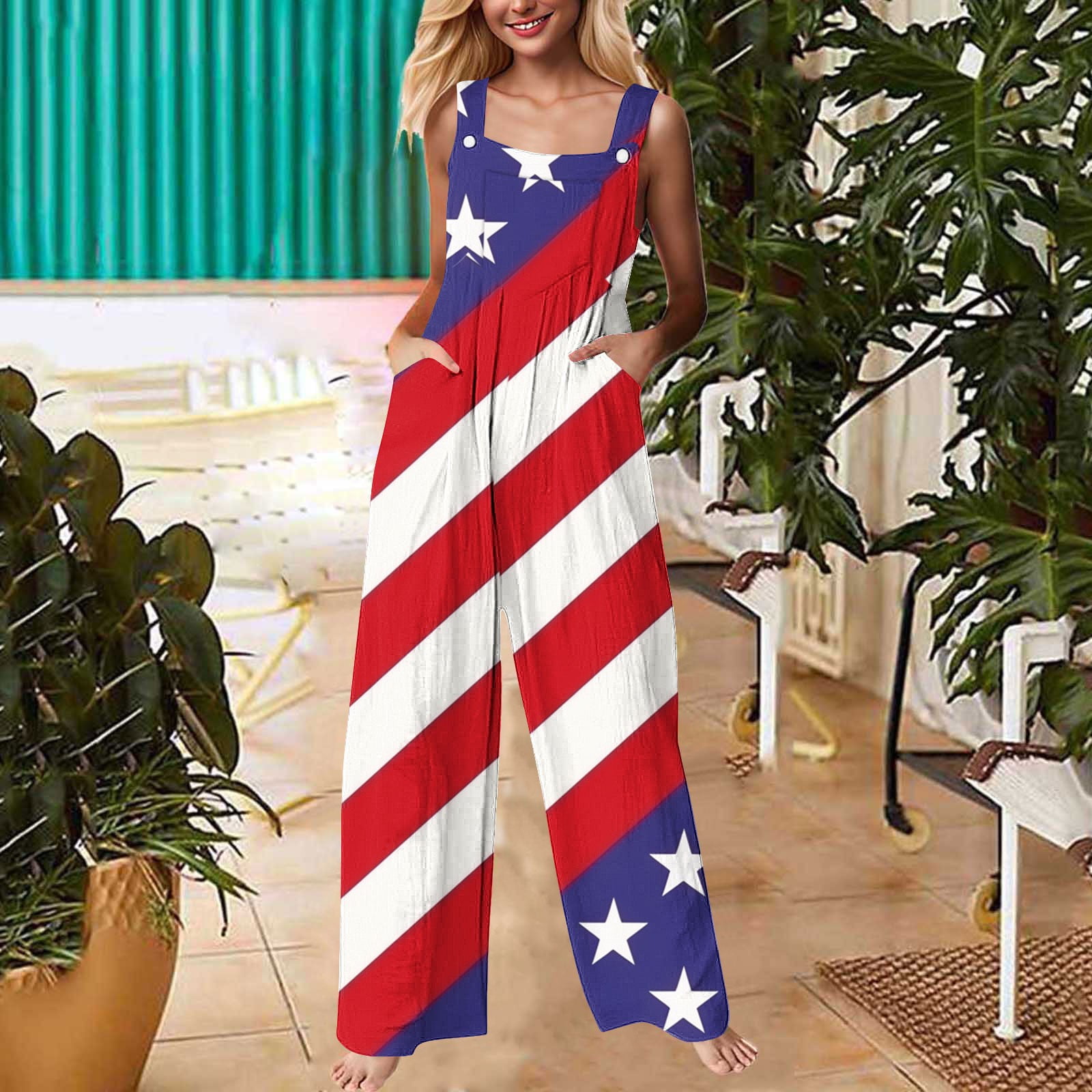 Delliss Womens 4th Of July Plus Size Wide Leg Overalls Button ...