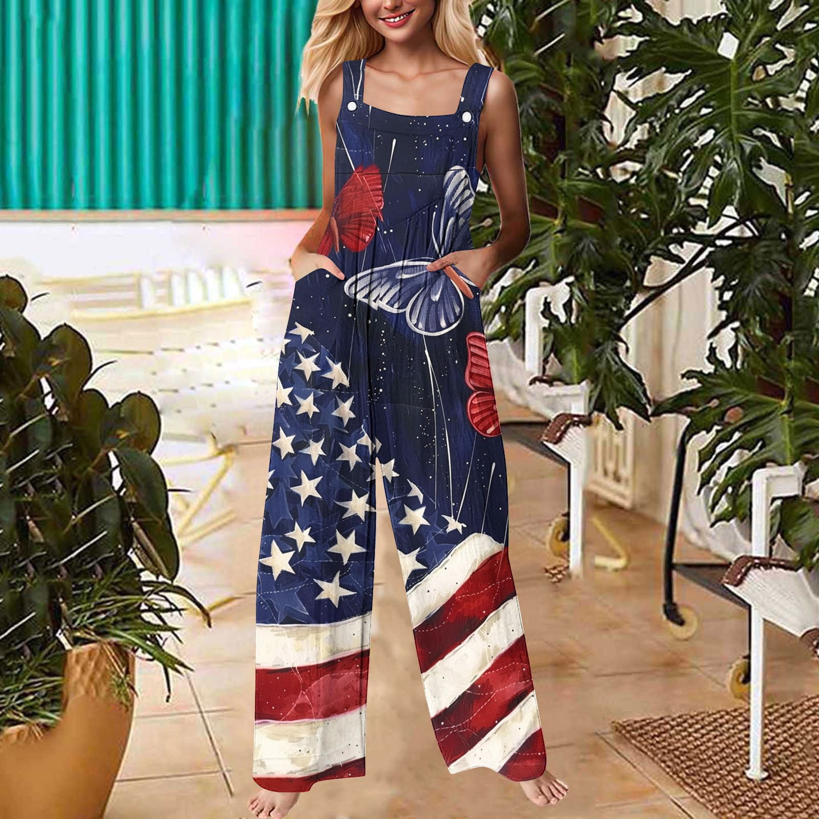 Delliss Womens 4th Of July Plus Size Wide Leg Overalls Button ...