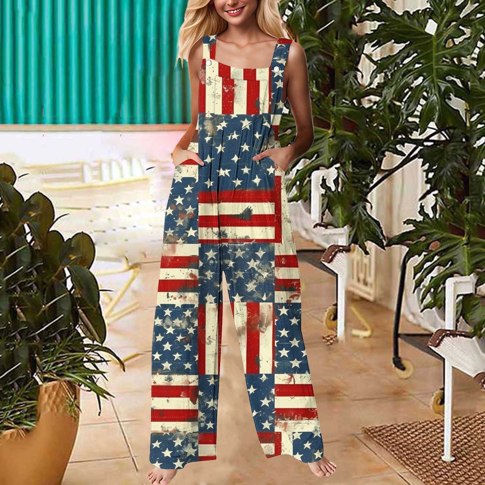 Delliss Womens 4th Of July Plus Size Wide Leg Overalls Button ...