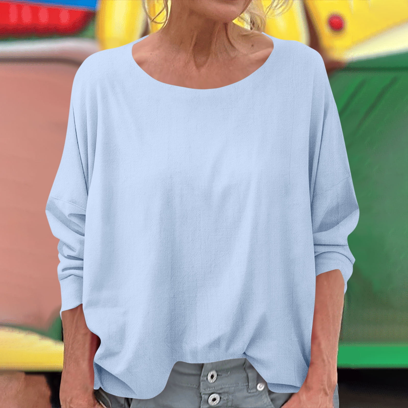 Delliss Womens Crew Neck Pullovers Crew Neck Solid Color Long Sleeve ...