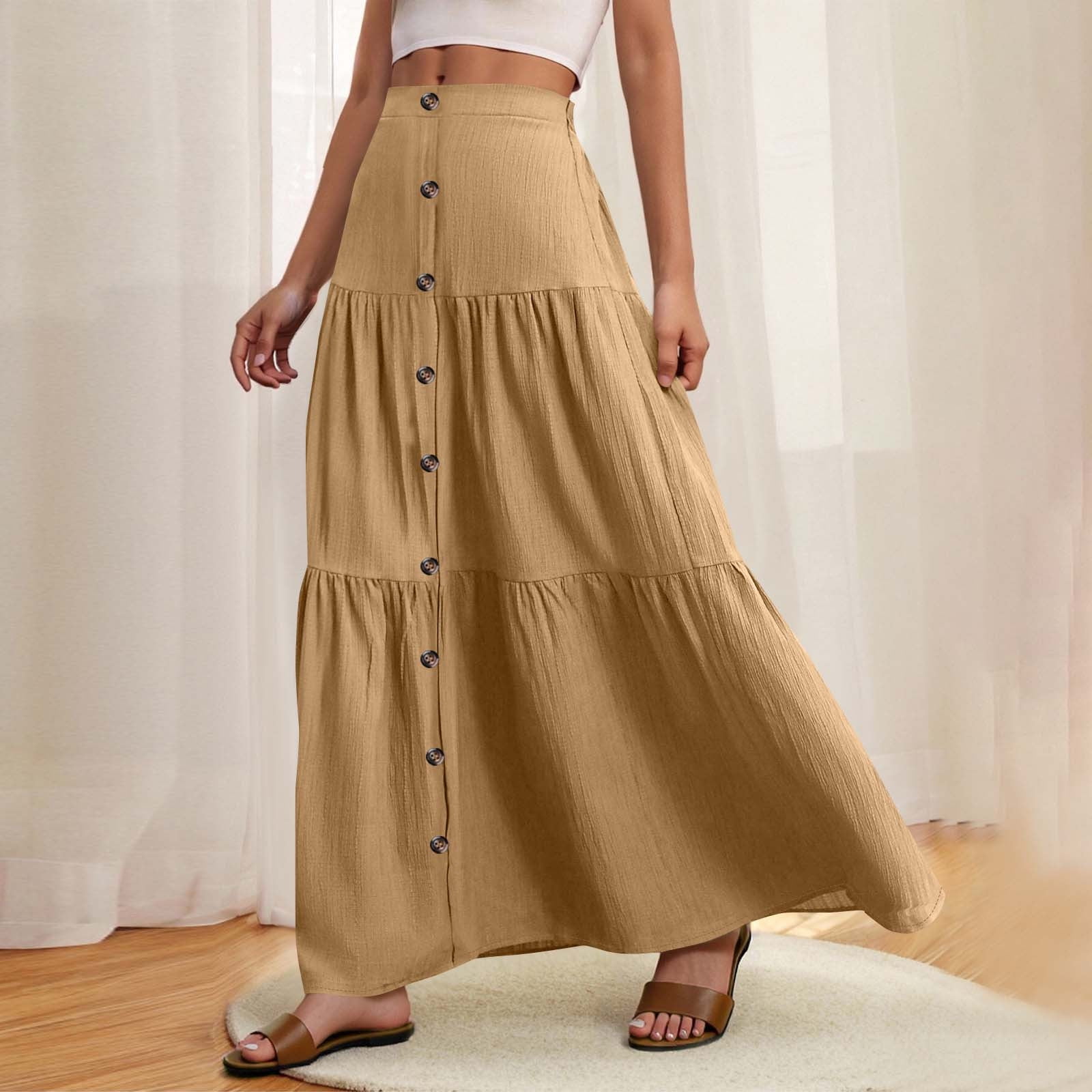 Delliss Womens Summer Flowy Boho Midi Maxi Skirt Elastic High Waist A ...