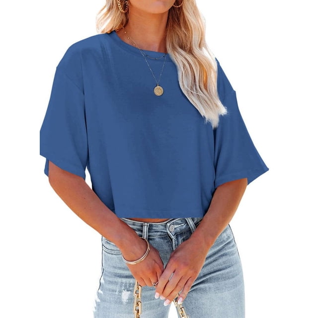 Dellytop Women Half Sleeve Drop Shoulder Solid Color Basic Crop Tops ...