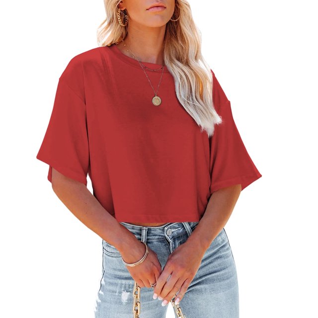 Dellytop Women Half Sleeve Drop Shoulder Solid Color Basic Crop Tops ...