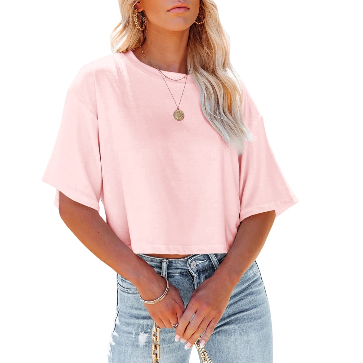Dellytop Women Half Sleeve Crop Top, Drop Shoulder, Solid Color, Casual ...