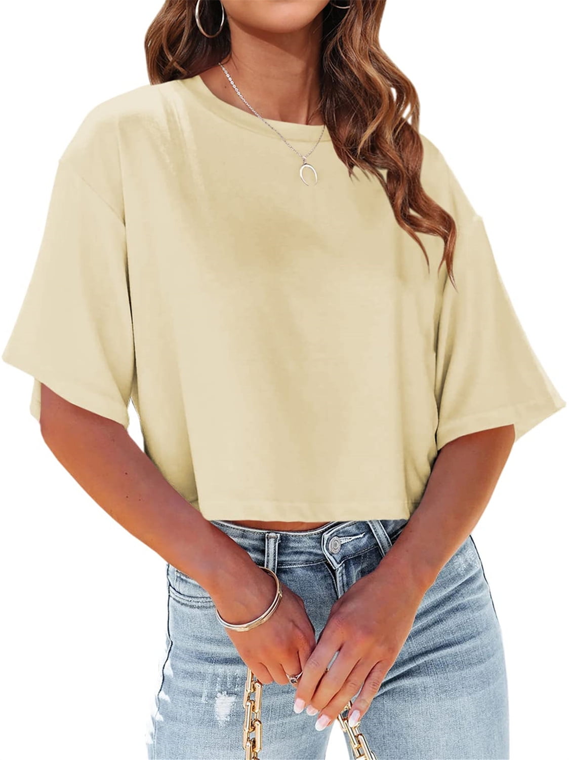 Dellytop Women Half Sleeve Drop Shoulder Solid Color Basic Crop Tops ...