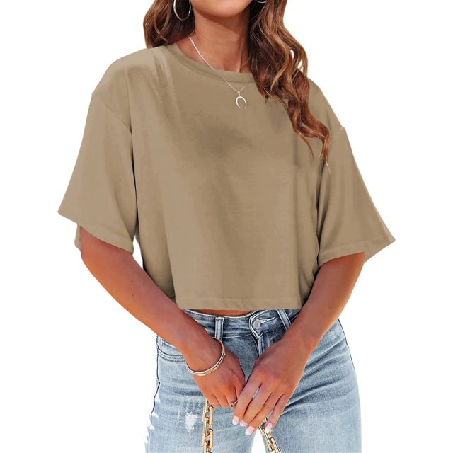 Dellytop Women Half Sleeve Drop Shoulder Solid Color Basic Crop Tops