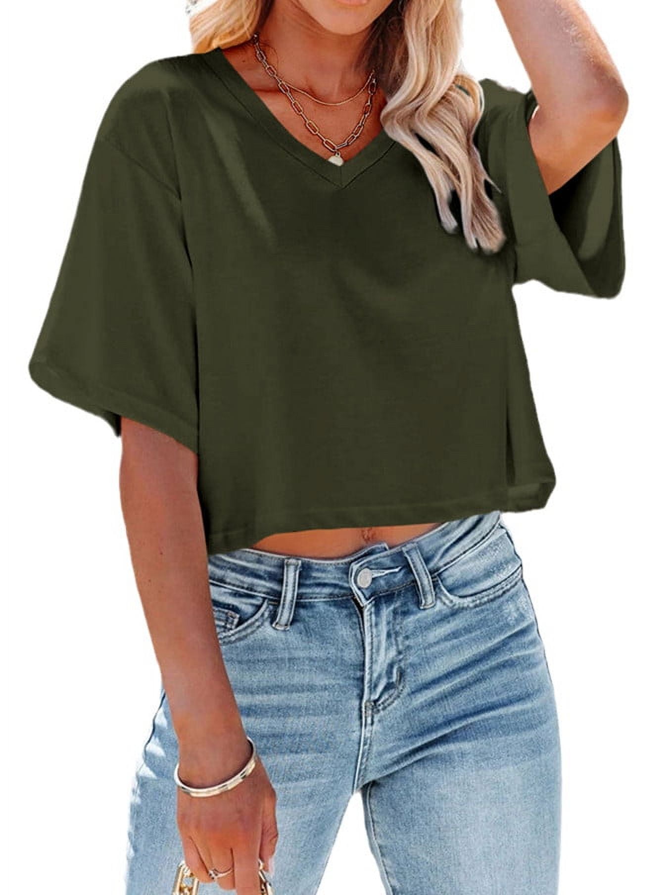 Dellytop Women Half Sleeve Drop Shoulder V Neck Basic Crop Tops ...