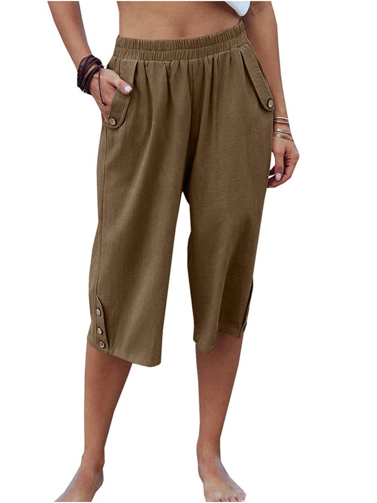 Dellytop Womens Casual Elastic Waist Solid Color 3/4 Summer Capri Pants ...