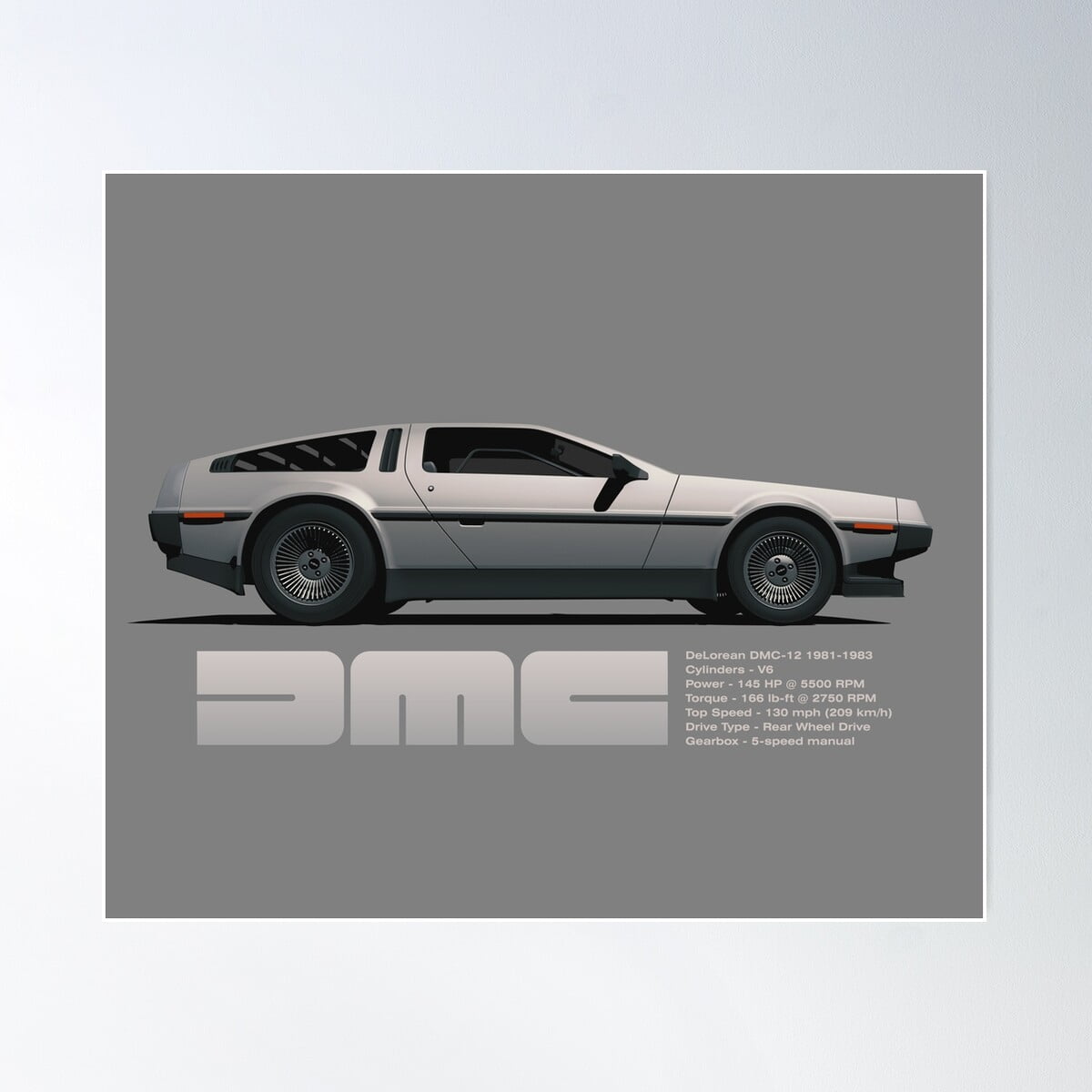 Delorean Dmc-12 Cartoon Retro Style Car Side View With Specs Poster ...