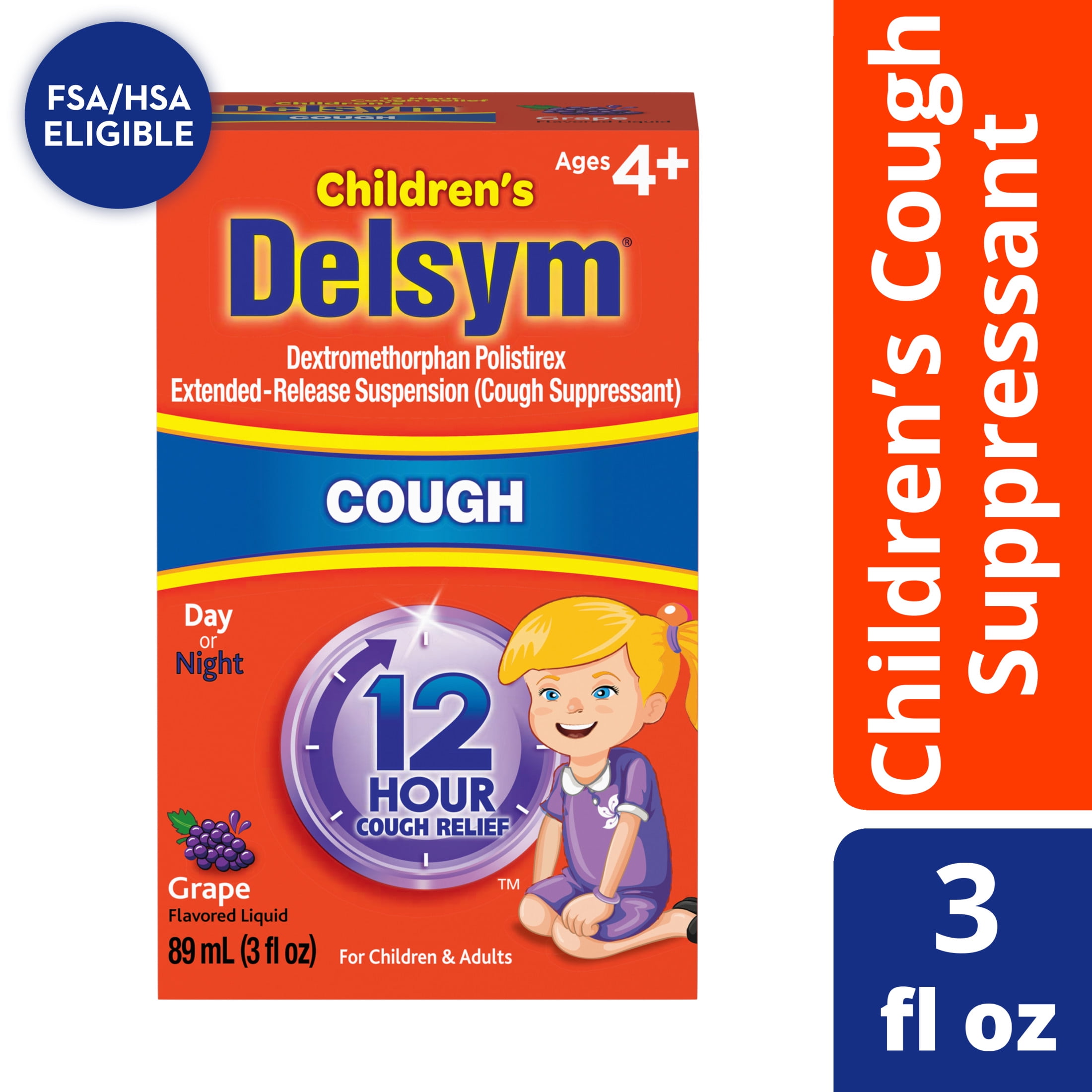 Delsym Children's Cough Suppressant Liquid, Grape Flavor, 3 Ounce ...