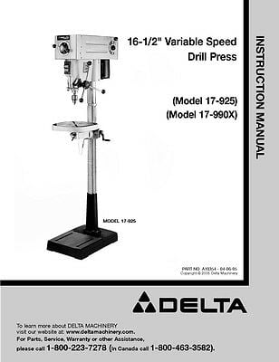 Delta 17-925 17-990X 16 1/2" Variable Speed Drill Press Instruction ...