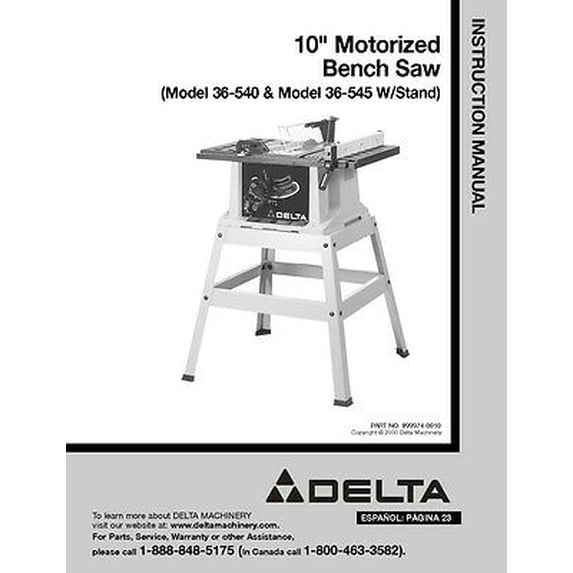 Instruction Manual ONLY for Delta 36-540 36-545 10" Motorized Bench Saw ...
