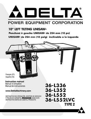 Delta 36-L336 L352 L552 L552LVC 10" Left Tilting Unisaw Instruction ...