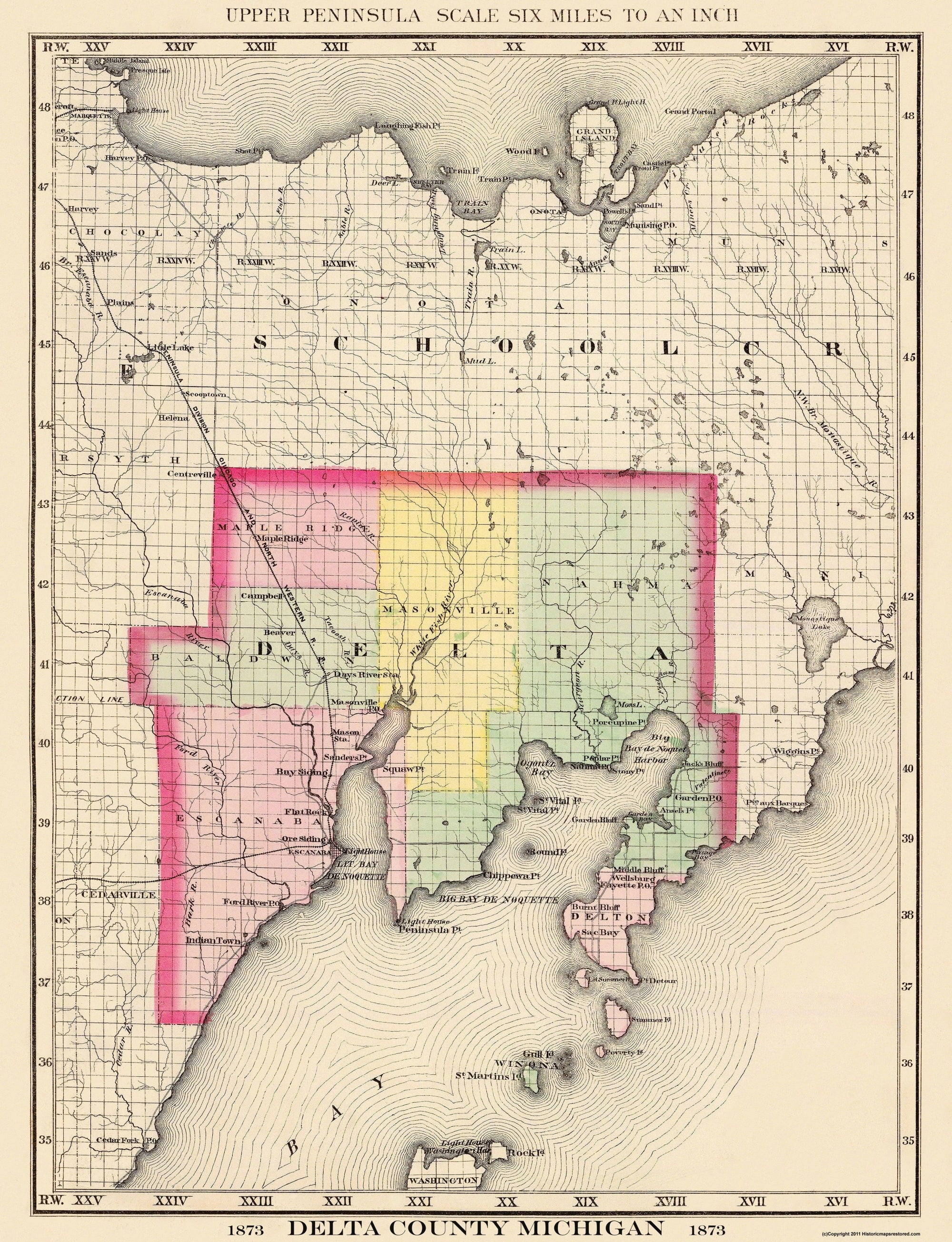 Historic County Map - Delta County Michigan - Walling 1873 - 23 x 30 ...