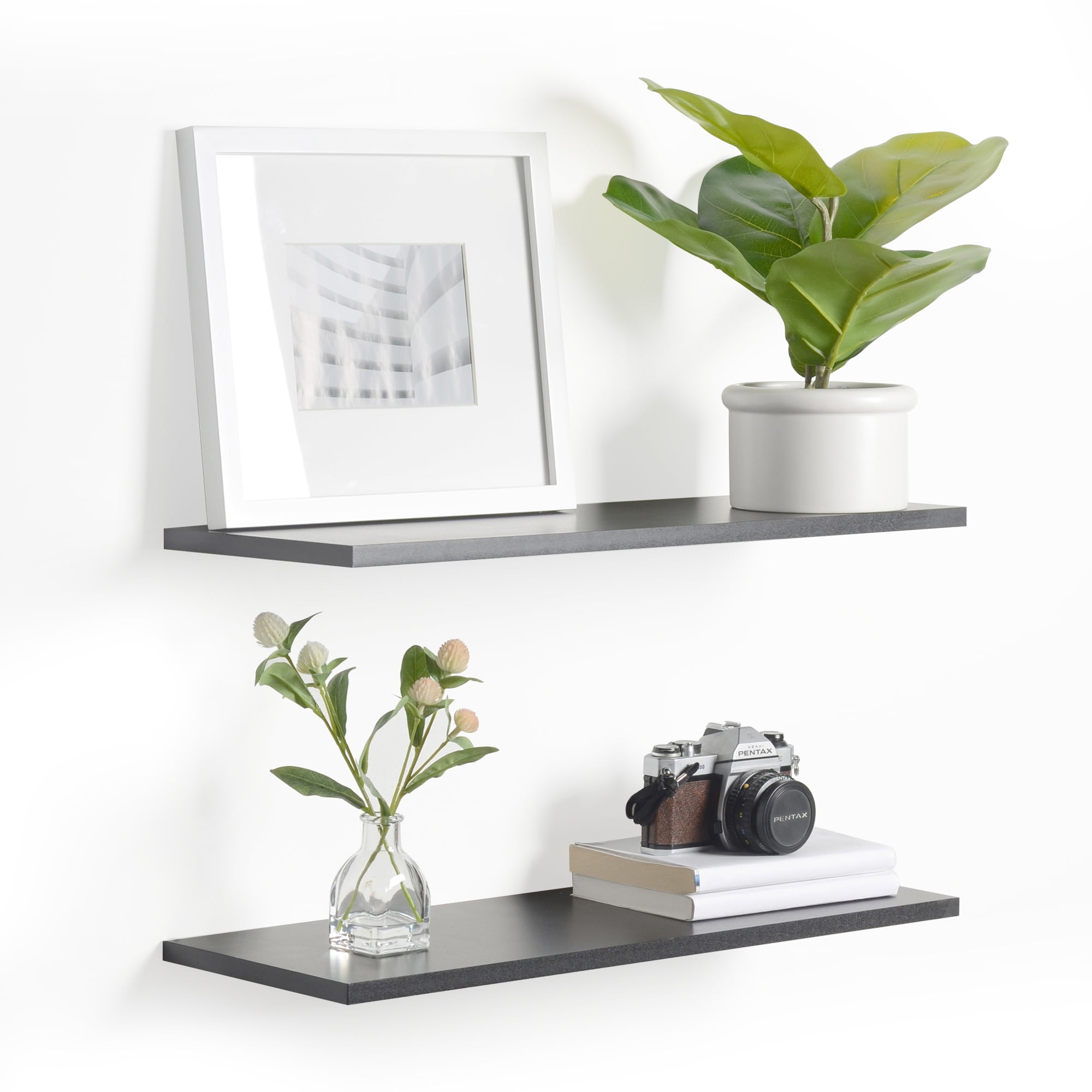 Delta Cycle Slim Floating Wall Shelves, Set of 2, 24’ x 8’ x .5’, Black ...